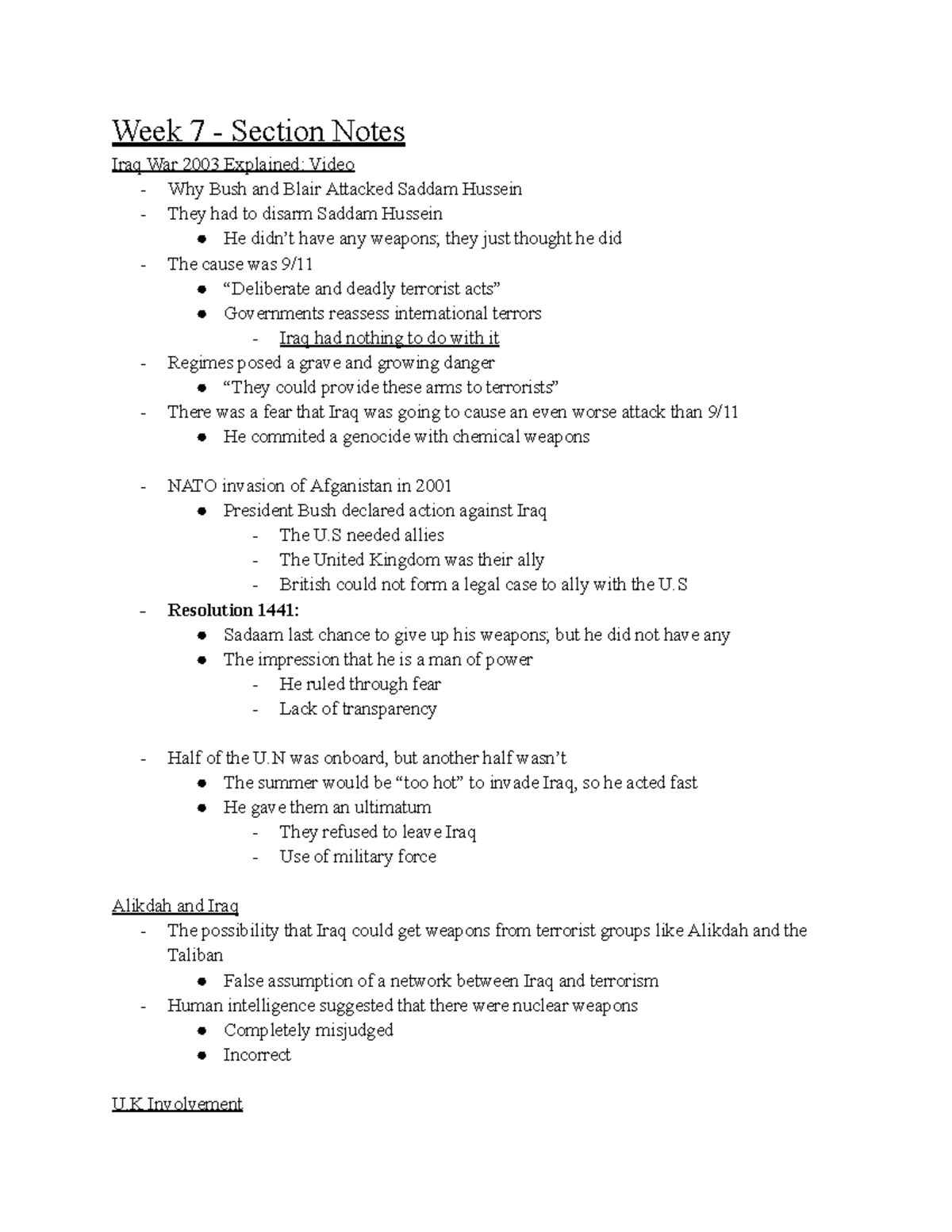 Poli Sci 7 Week 7 Section Notes - Week 7 - Section Notes Iraq War 2003 ...