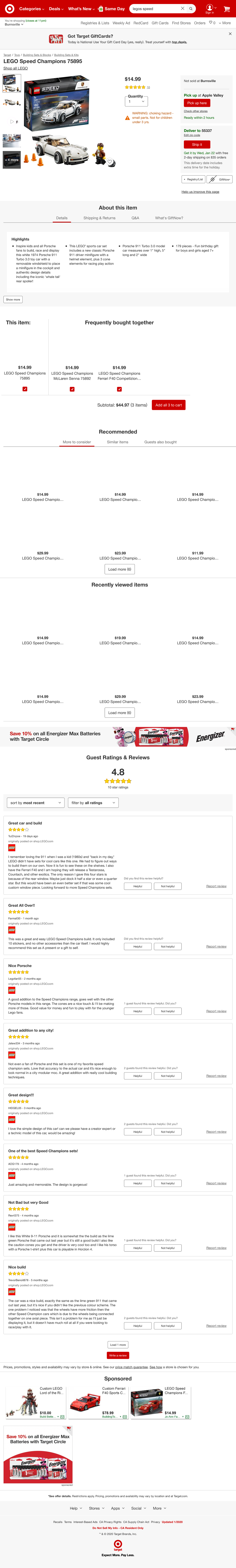 LEGO Speed Champions 75895 Target - Subtotal: $44 (3 items) / / / LEGO ...