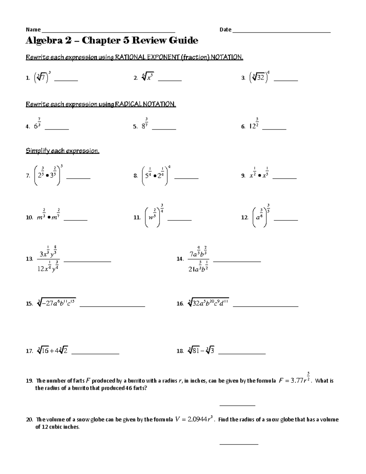 Chapter 5 Review Worksheet - Name ...