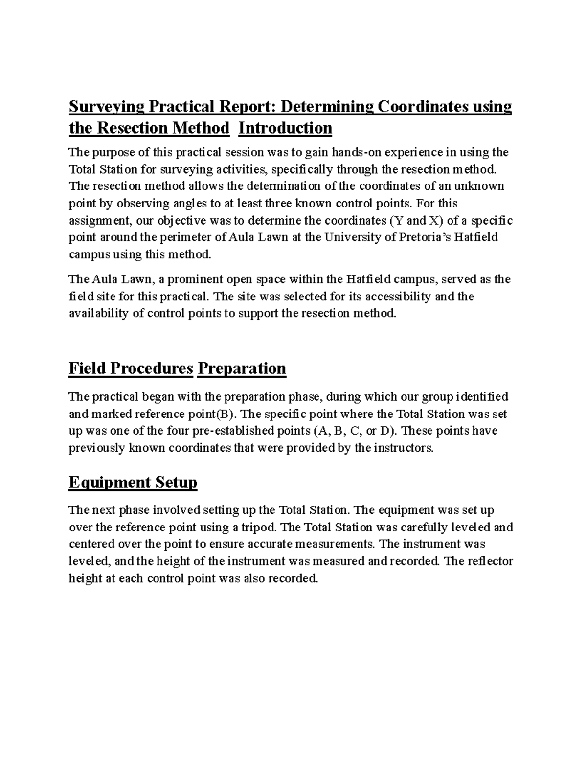 Resection Practical - Surveying Practical Report: Determining ...