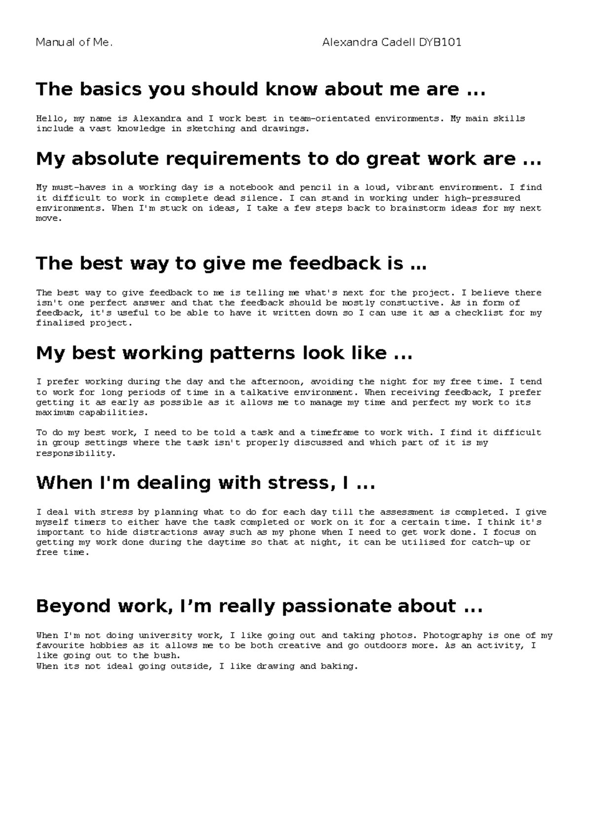 Manual of Me - DLb101 must complete - Manual of Me. Alexandra Cadell ...