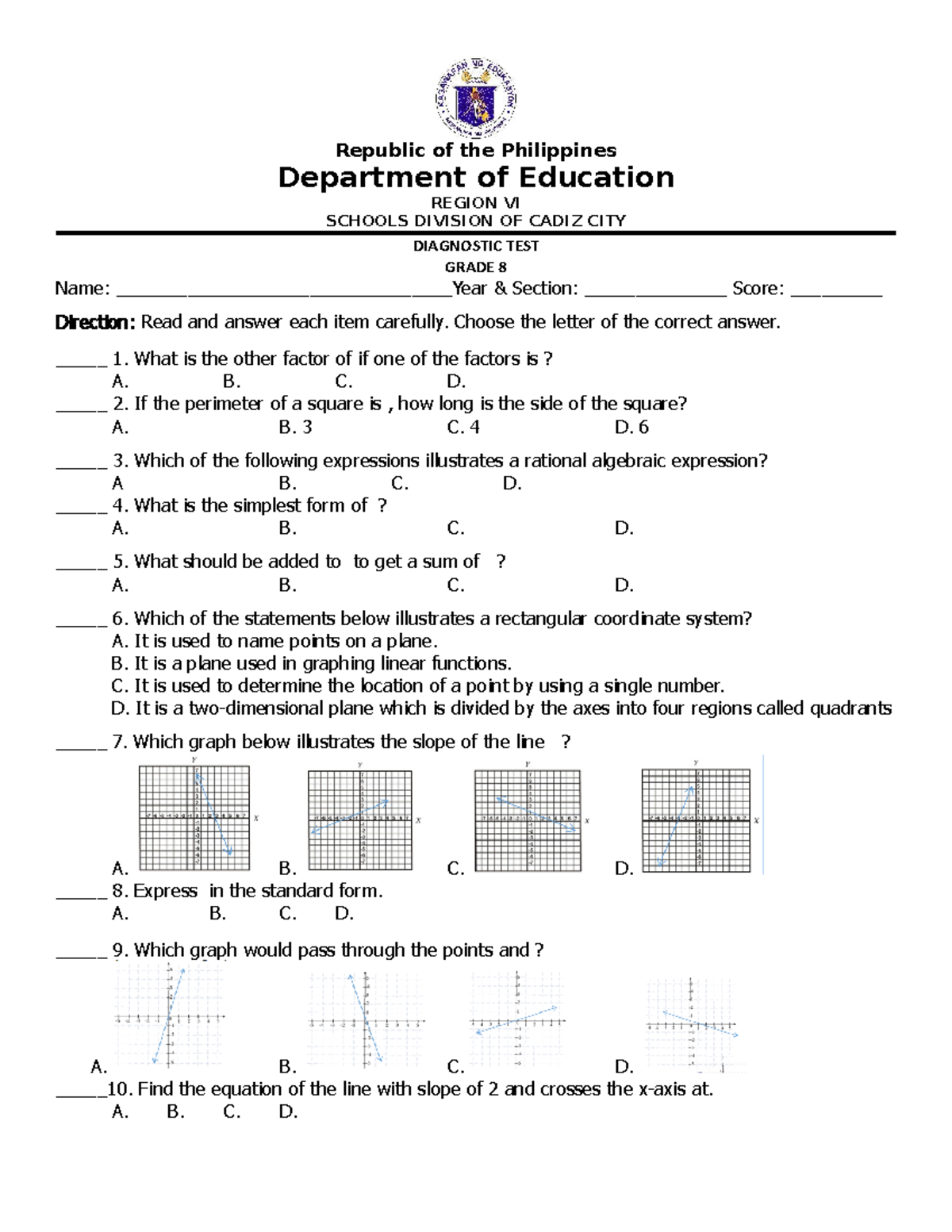 Diagnostic Test-Grade 8 - Republic of the Philippines Department of ...
