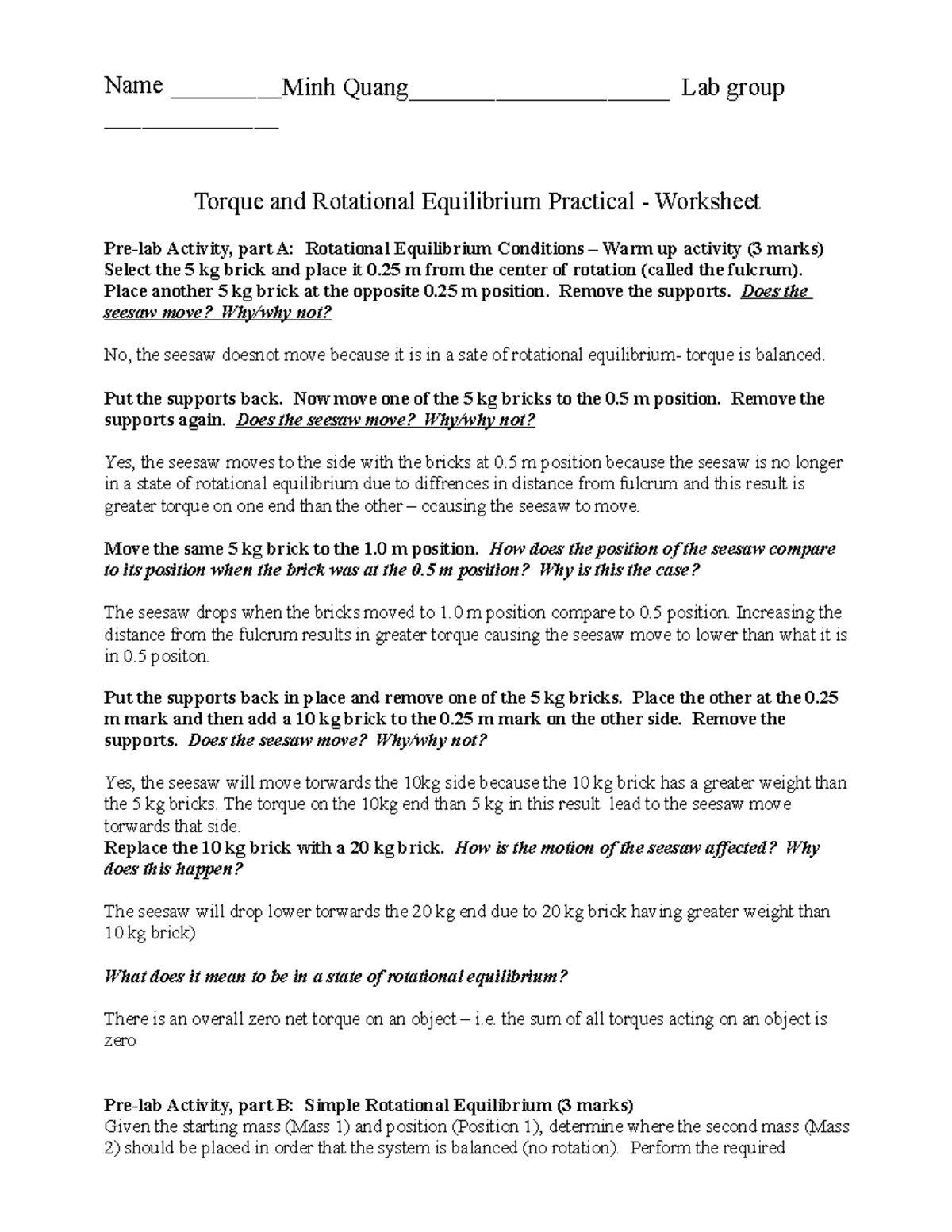 1031 2022 torque practical pre-lab worksheet Student - Name Minh Quang ...