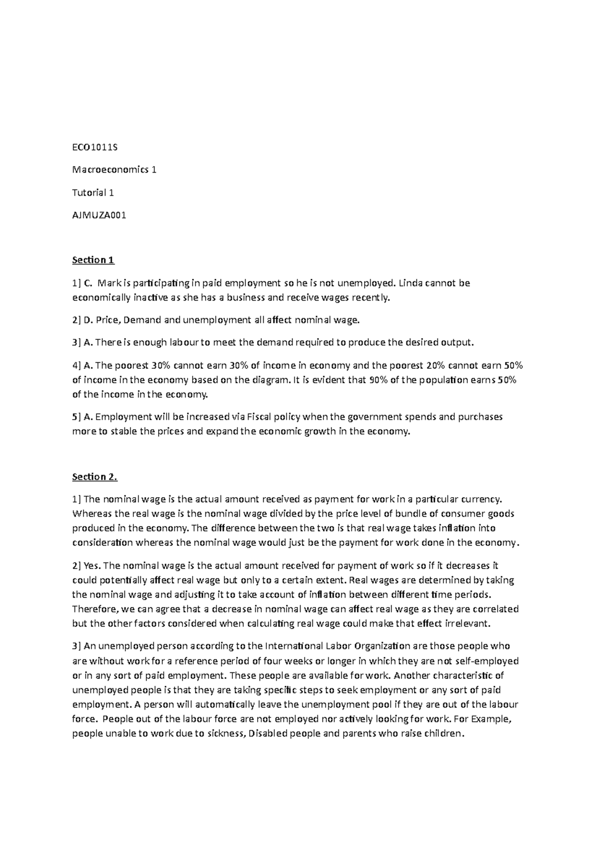 ECO1011S TUT 1 Marked - ECO1011S Macroeconomics 1 Tutorial 1 AJMUZA ...