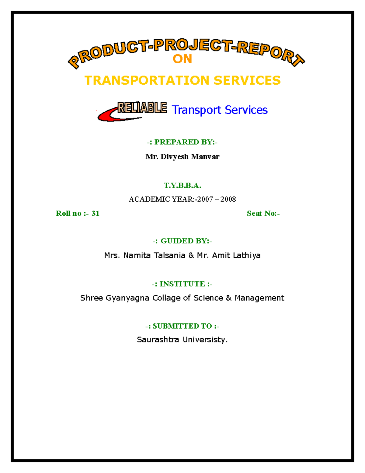Acknowledgement - gsssssssssss - ON TRANSPORTATION SERVICES Transport ...