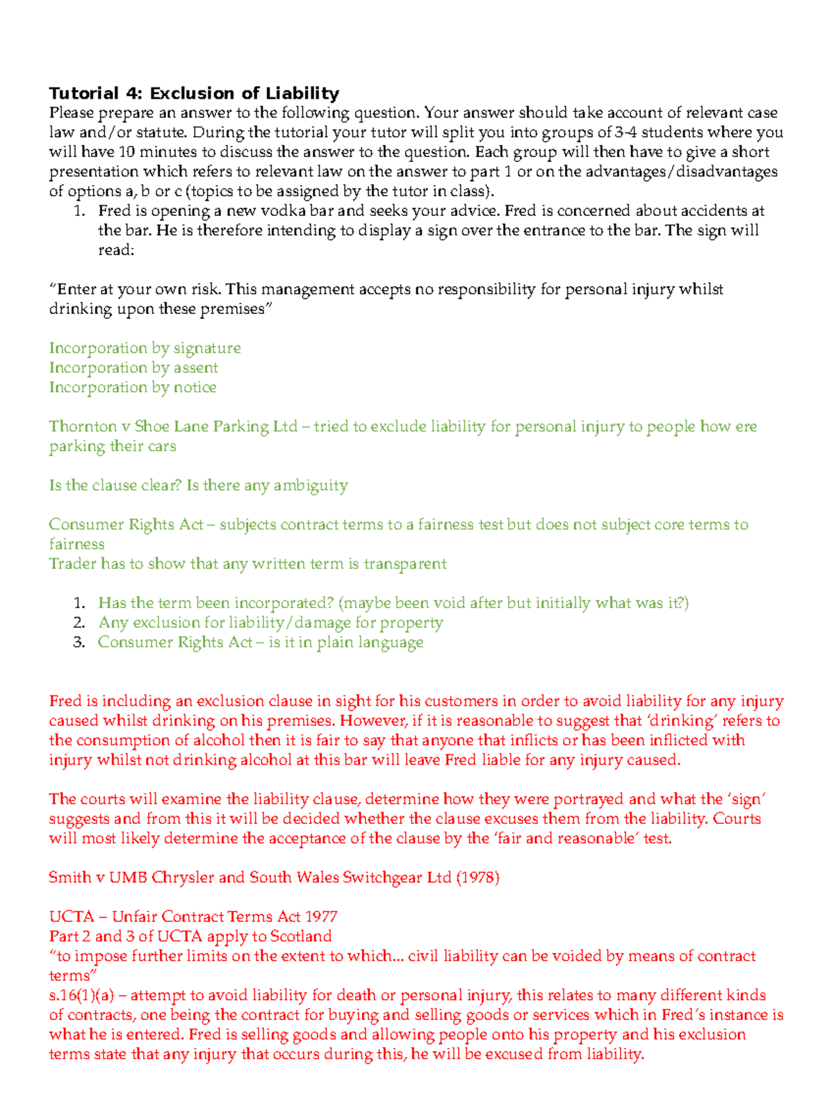 VO Tutorial 4 - Tutorial 4: Exclusion of Liability Please prepare an ...