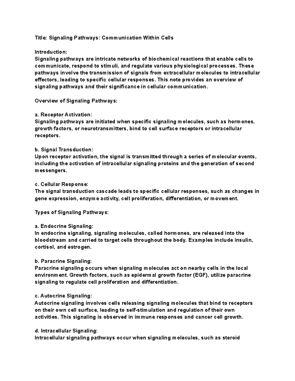 Signalling pathways notes - Title: Signaling Pathways: Communication ...