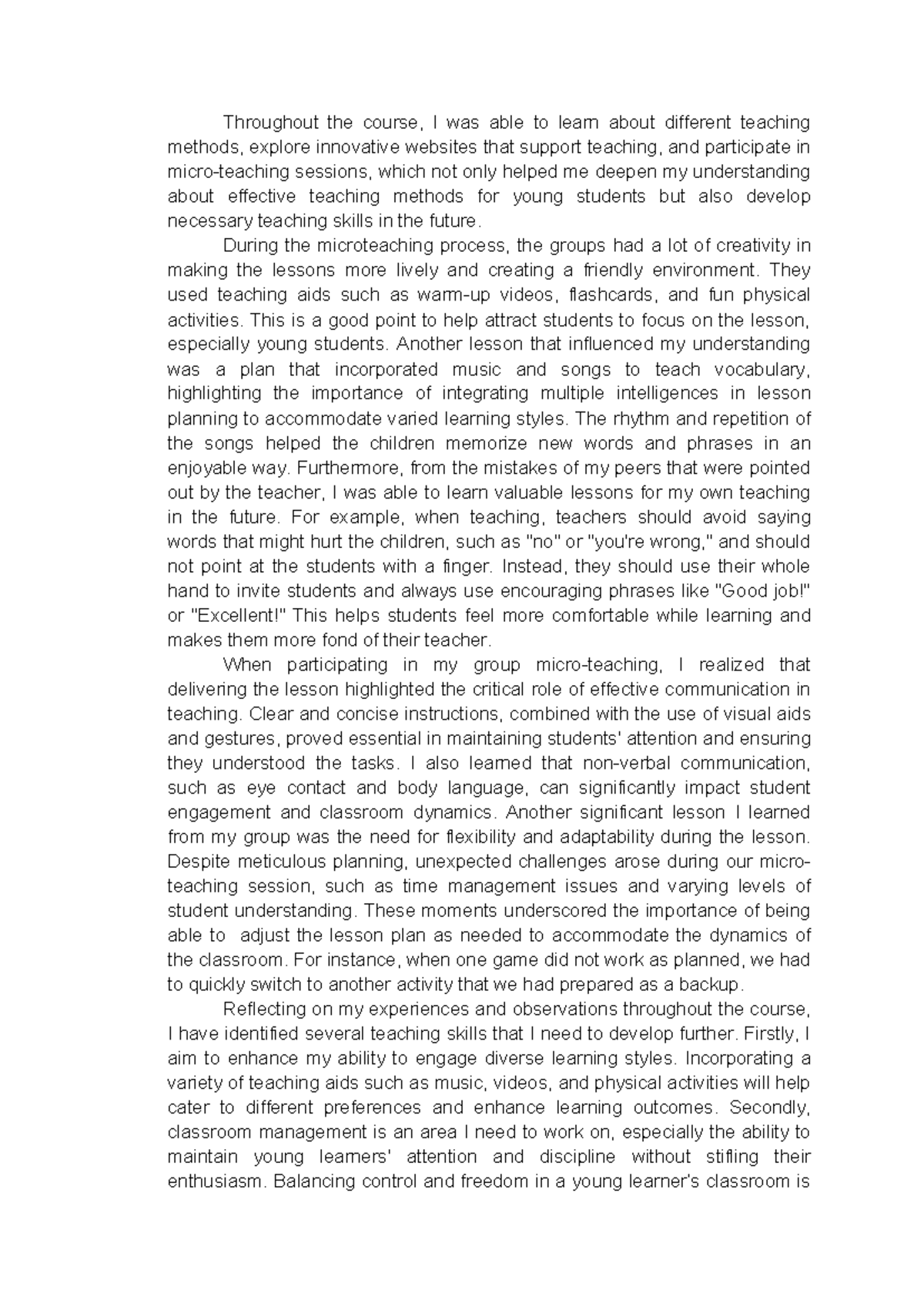 Reflection young learner - Throughout the course, I was able to learn ...