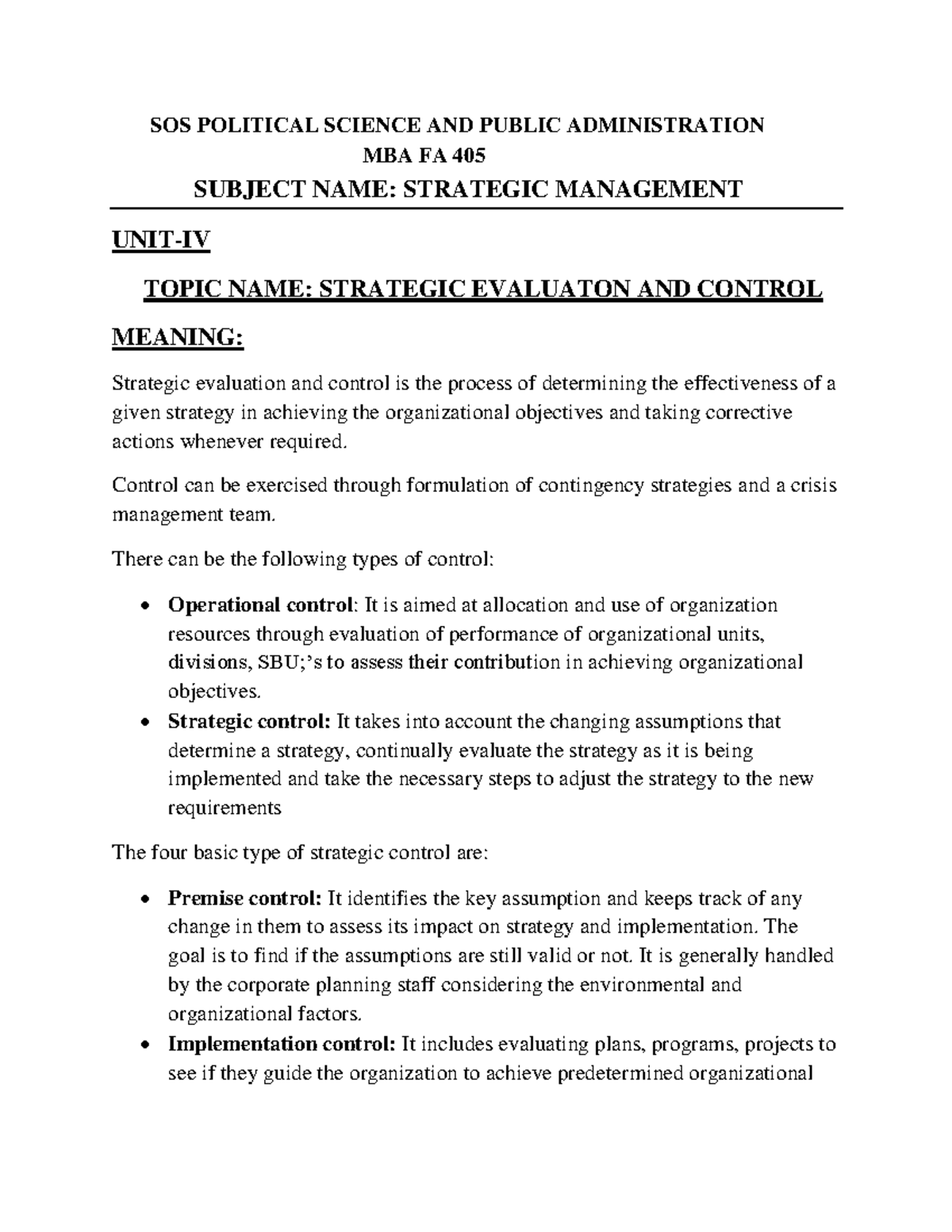 MBA FA IV SEM 405 Strategic Evaluation AND Control - SOS POLITICAL ...