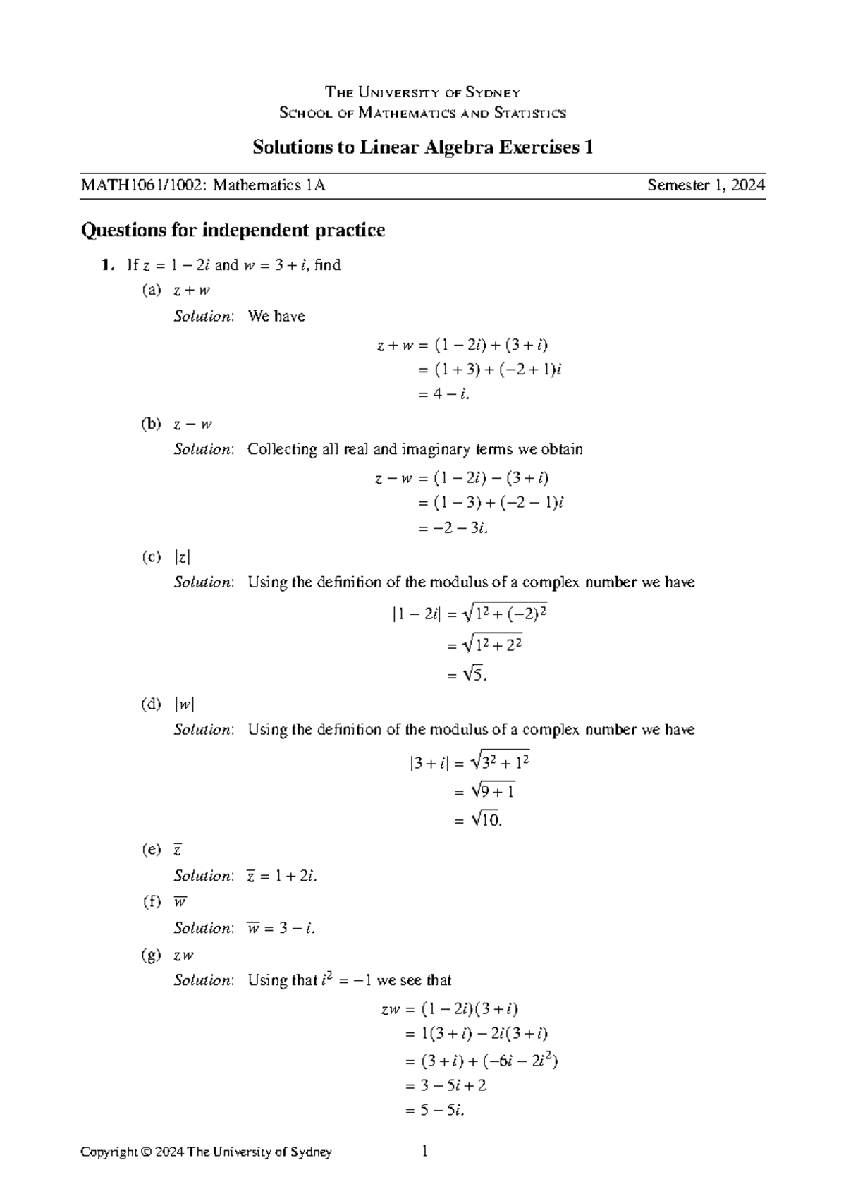 Solutions to linear algebra exercises 1 - The University of Sydney ...