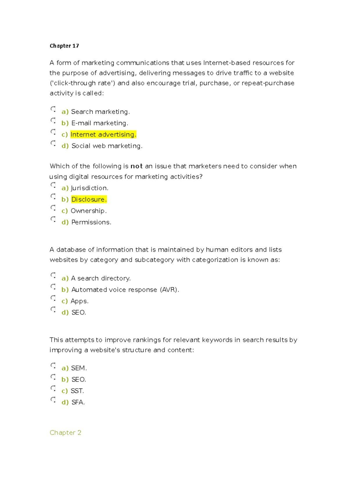 Sample/practice exam 2016, questions and answers - Chapter 17 A form of marketing communications ...