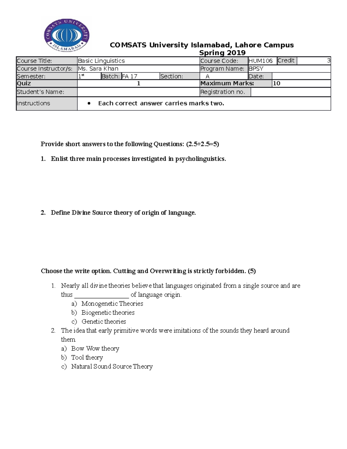 Basic Linguistics Q1 Comsats University Islamabad Lahore Campus