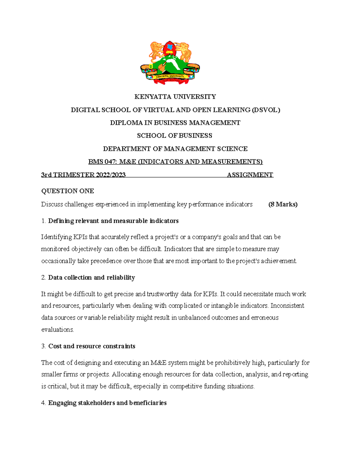 Gathambo Irwin Steven BMS 047 Assignment - KENYATTA UNIVERSITY DIGITAL SCHOOL OF VIRTUAL AND ...