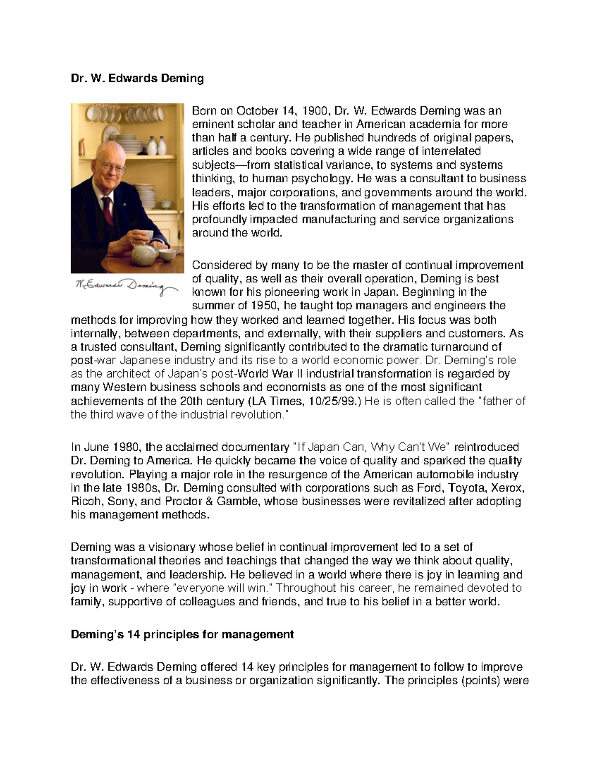 Quality Gurus - Dr. W. Edwards Deming Born on October 14, 1900, Dr. W ...