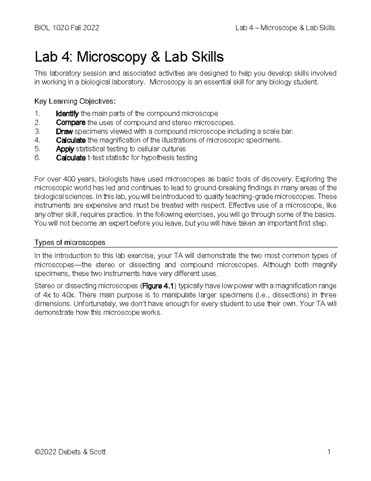 BIOL 1020 Lab 4 Handout - Biol - Lab 4: Microscopy & Lab Skills This ...