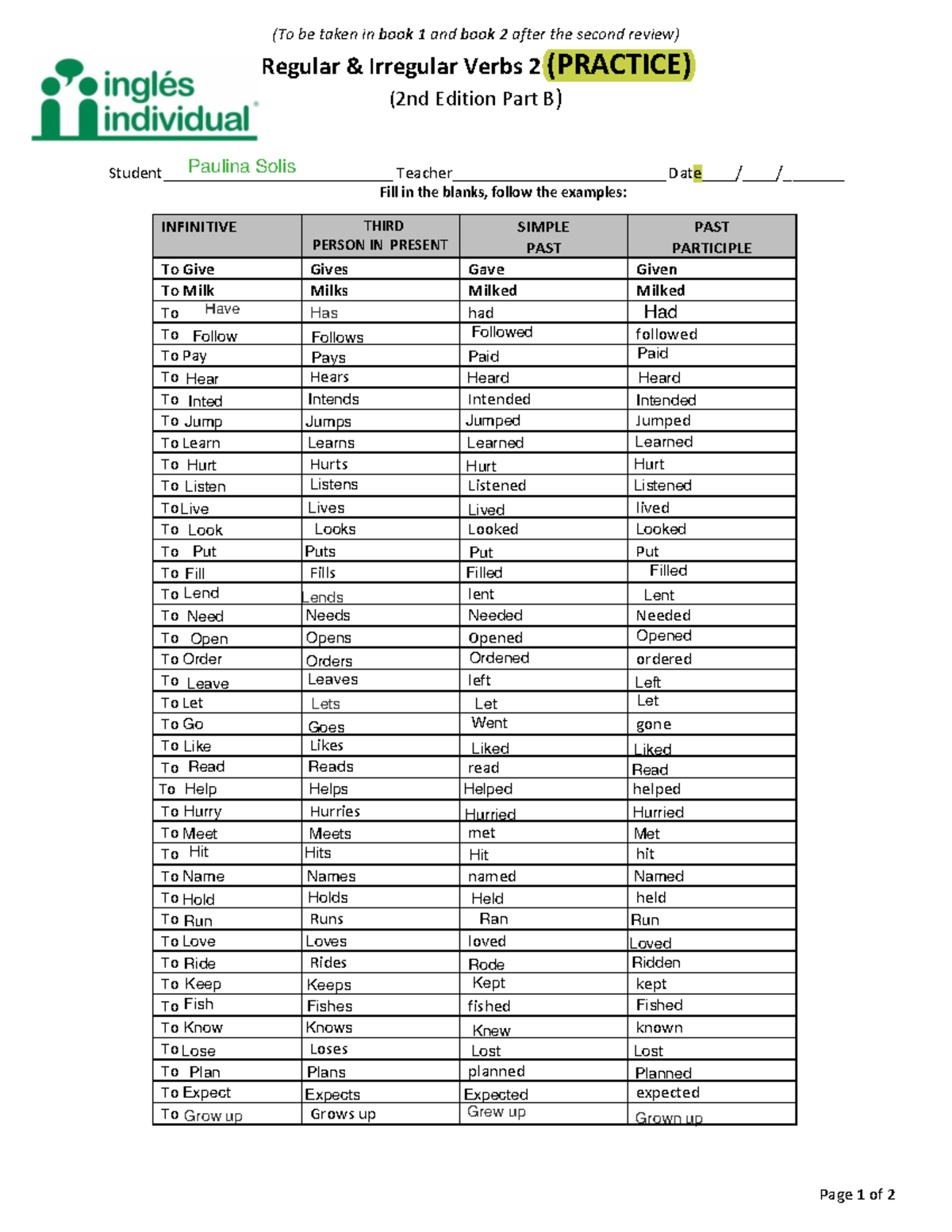 Practice Verbs B Pau - (To be taken in book 1 and book 2 after the ...