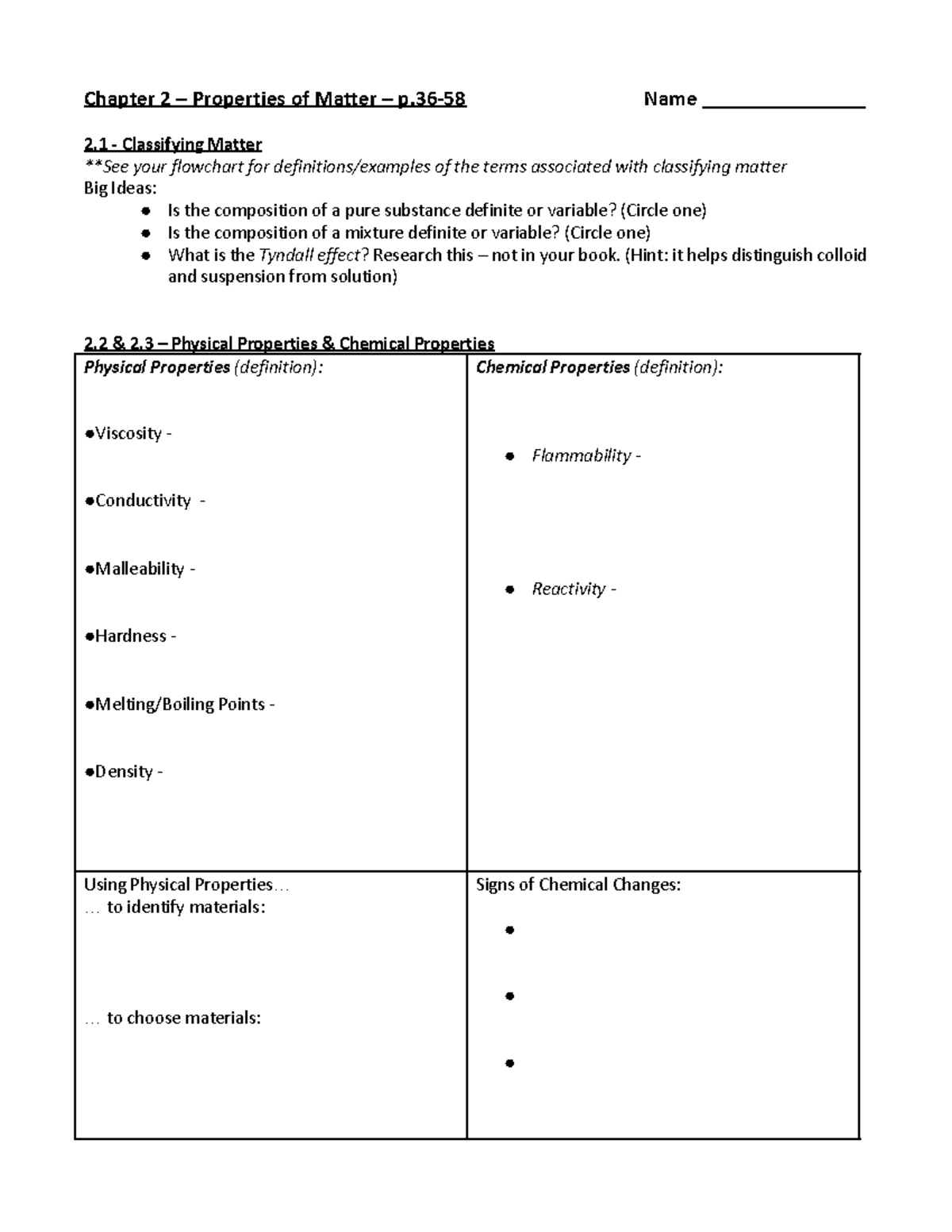 Ch 2 Notes - Chapter 2 – Properties of Matter – p-58 Name ...