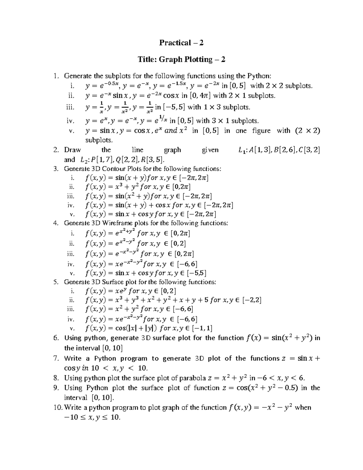 Practical 2 - tre - Practical – 2 Title: Graph Plotting – 2 1. Generate the subplots for the ...