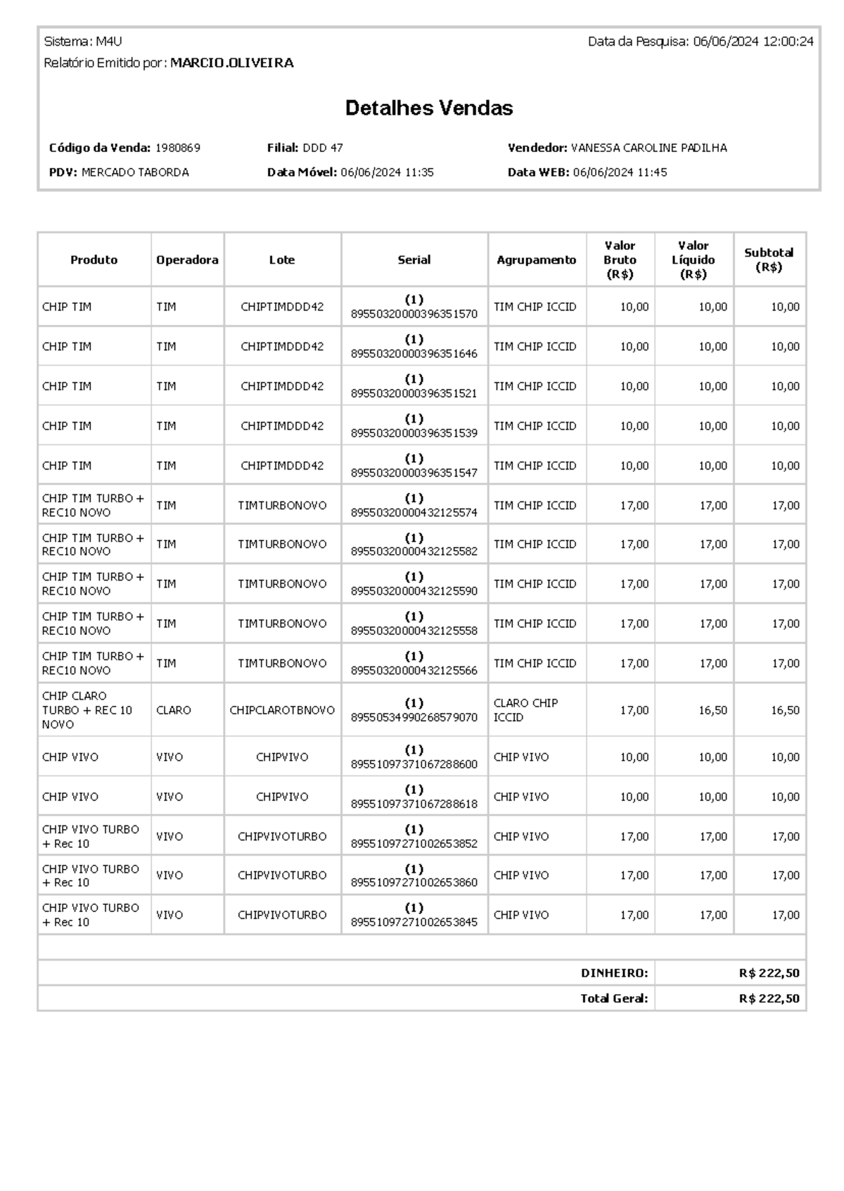 Venda 2 - 3434343 - Sistema: M4U Data da Pesquisa: 06/06/2024 12:00 ...