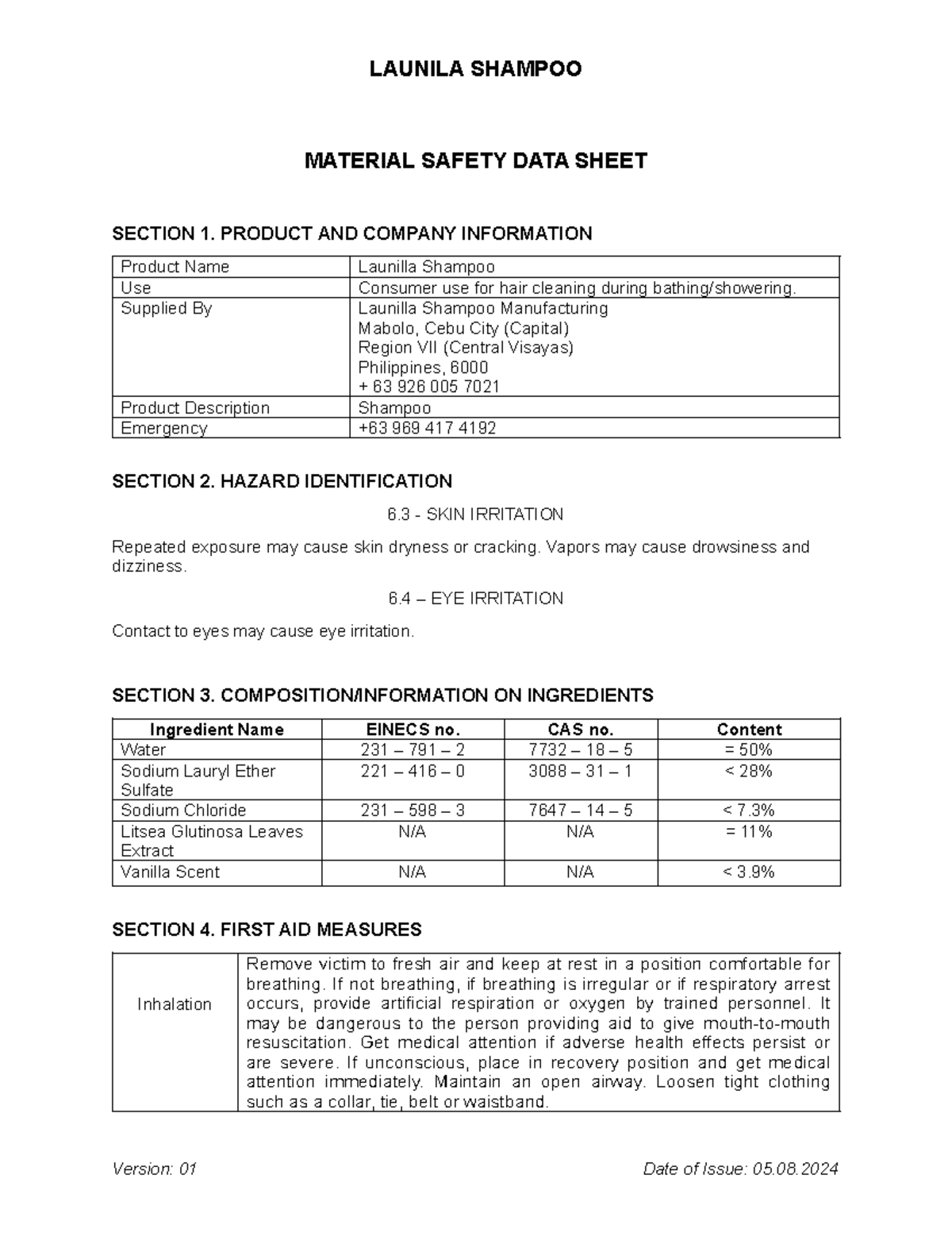 MSDS - learning about msds - MATERIAL SAFETY DATA SHEET SECTION 1 ...