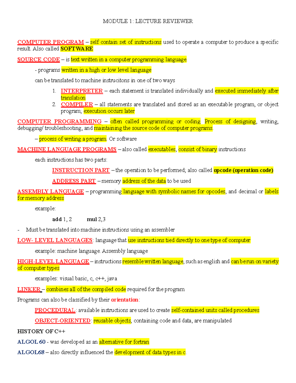Module 1 LEC AND LAB Reviewer - MODULE 1: LECTURE REVIEWER COMPUTER PROGRAM – self contain set ...