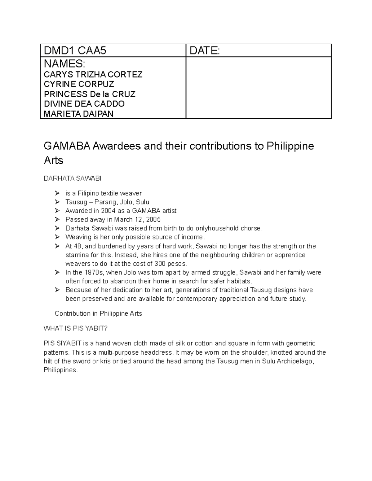Salinta Monon - none - DMD1 CAA5 DATE: NAMES: CARYS TRIZHA CORTEZ ...