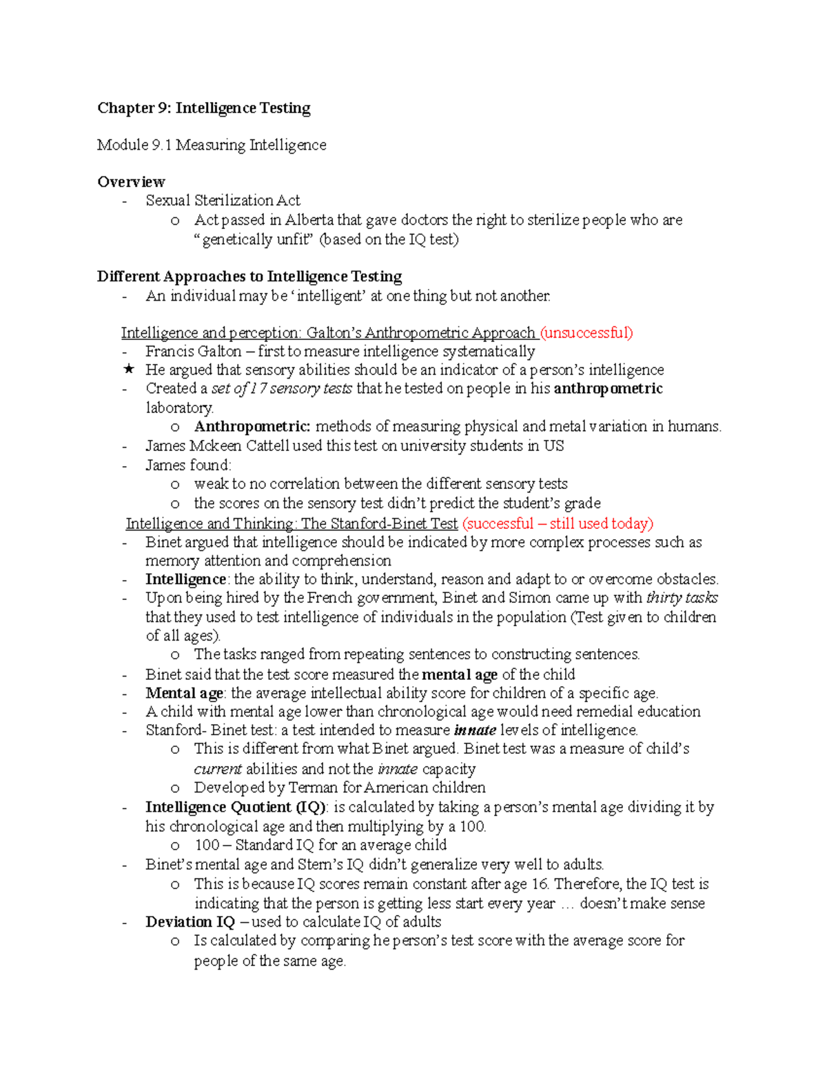 Chapter 9 - Lecture notes 9 - Chapter 9: Intelligence Testing Module 9 ...