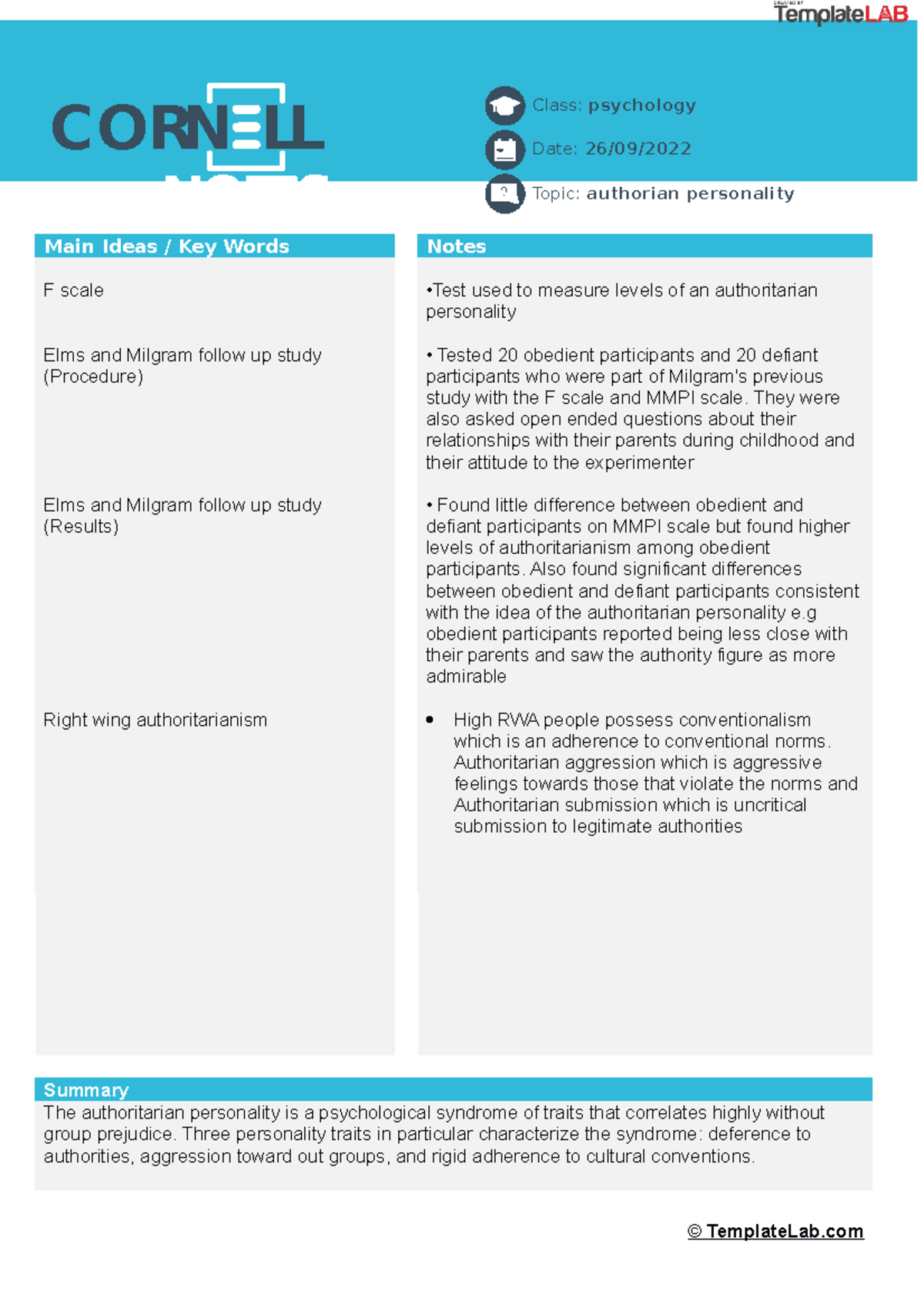 Cornell Notes Template 01 - Template Lab.com - Main Ideas / Key Words ...