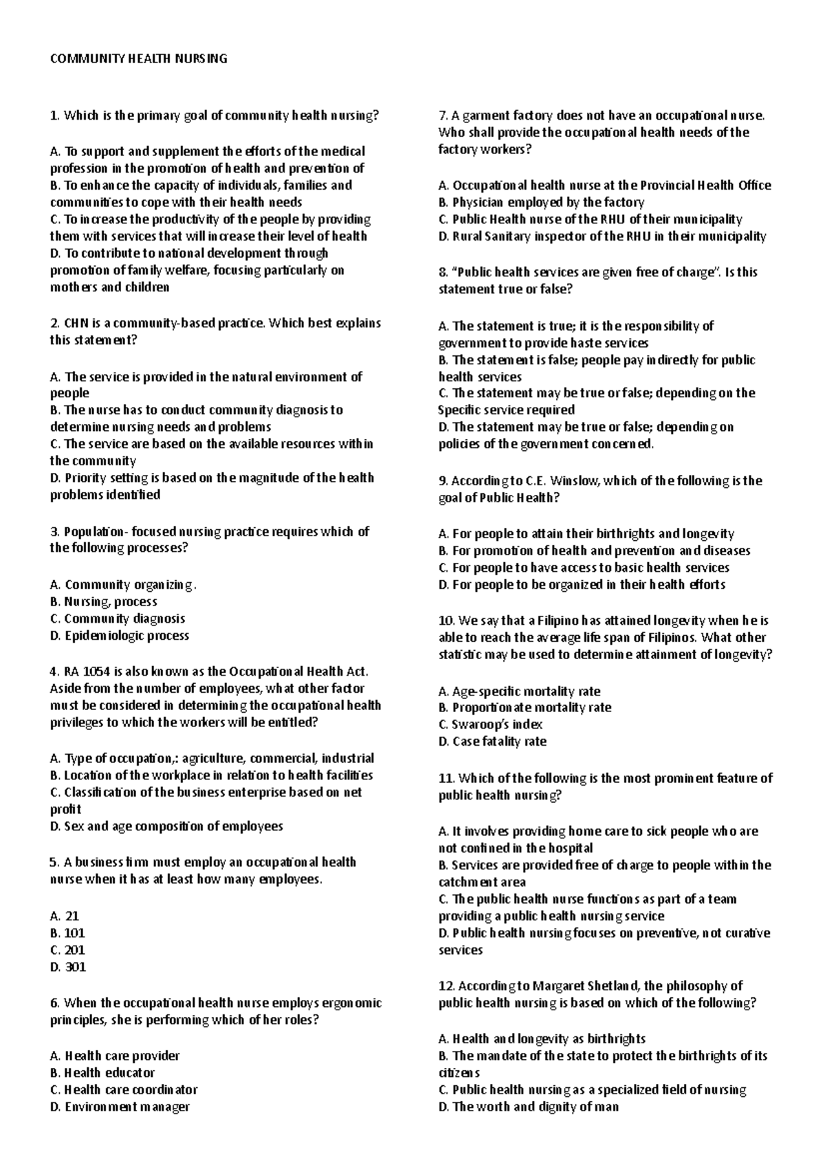 Sample/practice exam, questions - COMMUNITY HEALTH NURSING 1. Which is ...