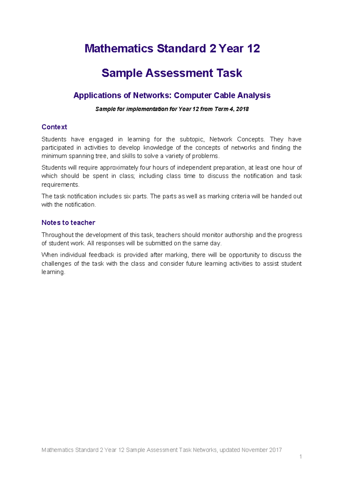Sample formal assessment task year 12 mathematics standard 2 networks ...