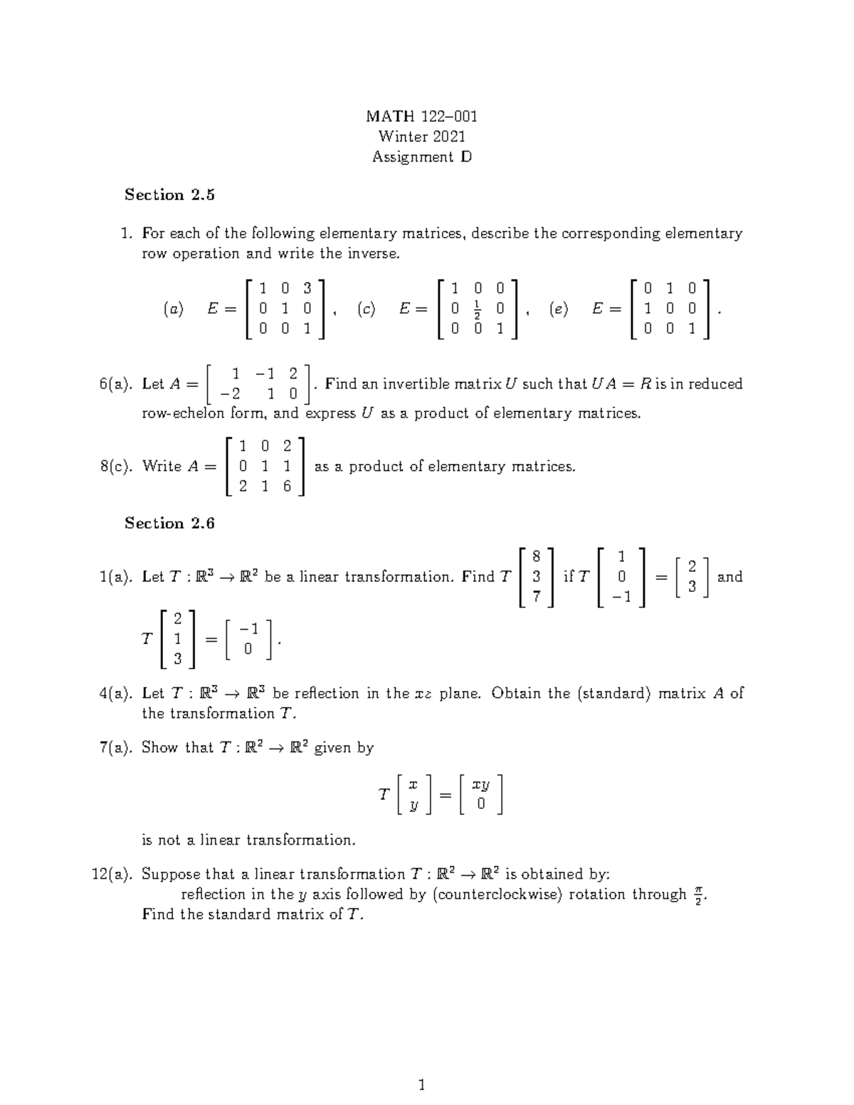 Math 122 practice assignment 4 - MATH 122– Winter 2021 Assignment D Section 2. For each of the ...