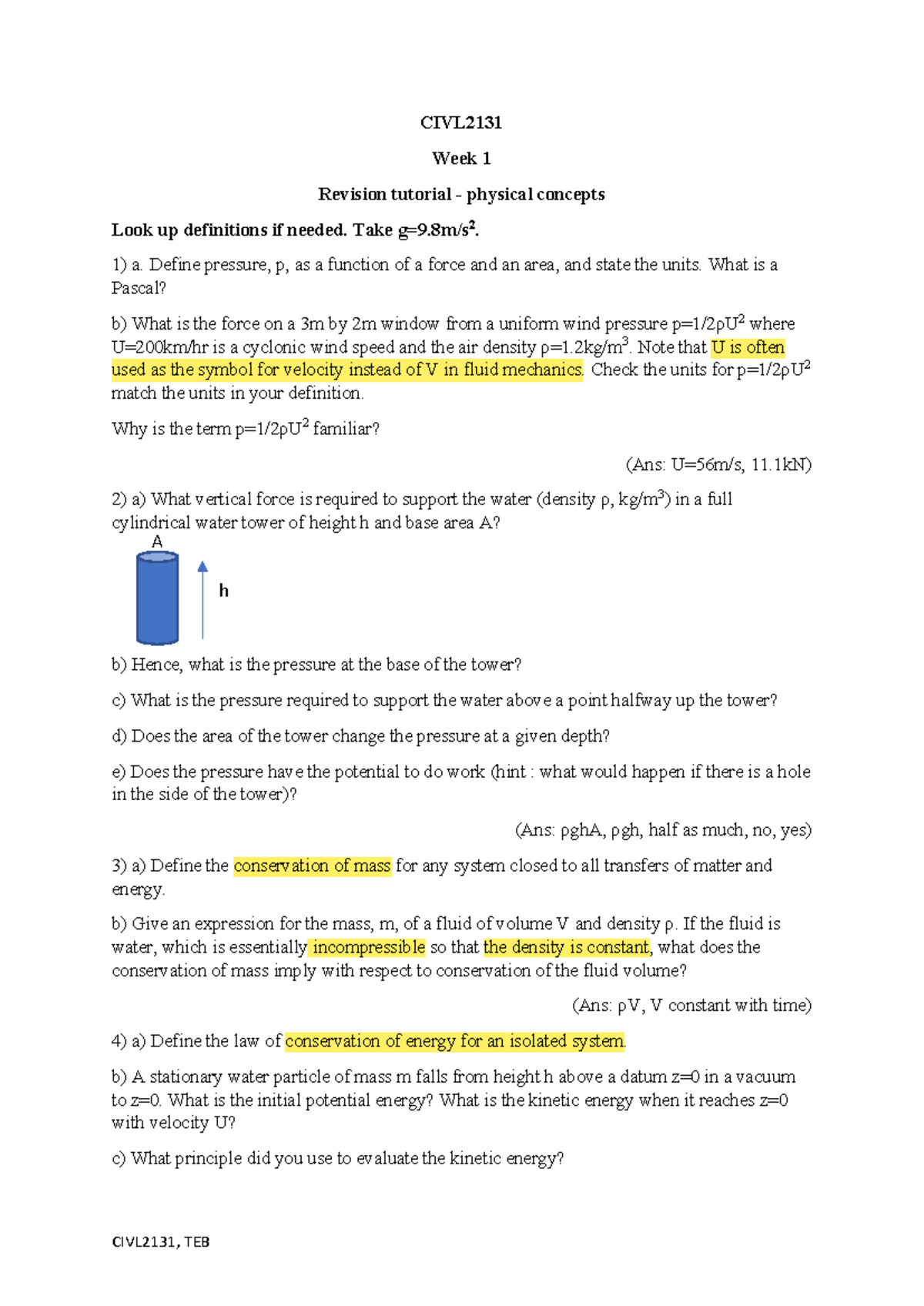 Tutorial 0 Revision of physical principles - CIVL Week 1 Revision ...