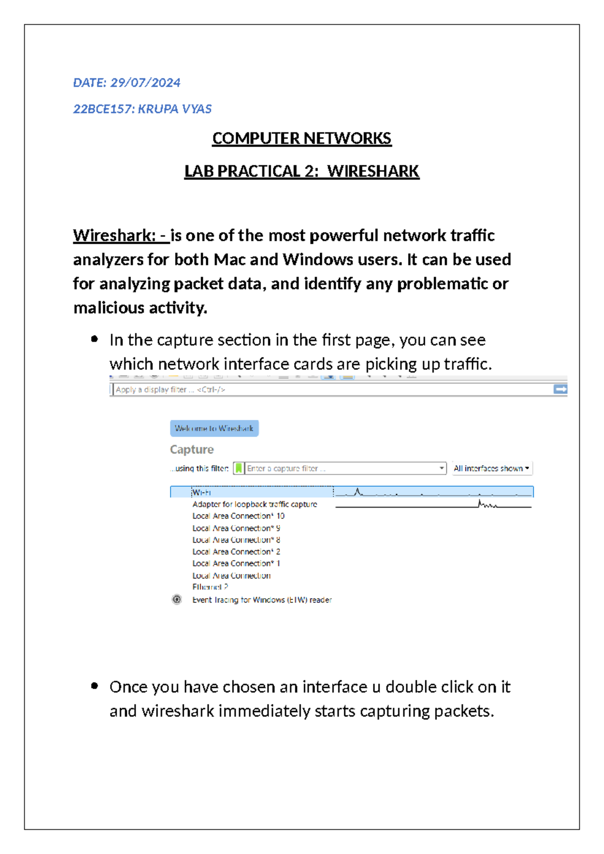 Lab2 Cn 29 07 Wireshark Date 2907 22bce157 Krupa Vyas Computer Networks Lab Practical 2