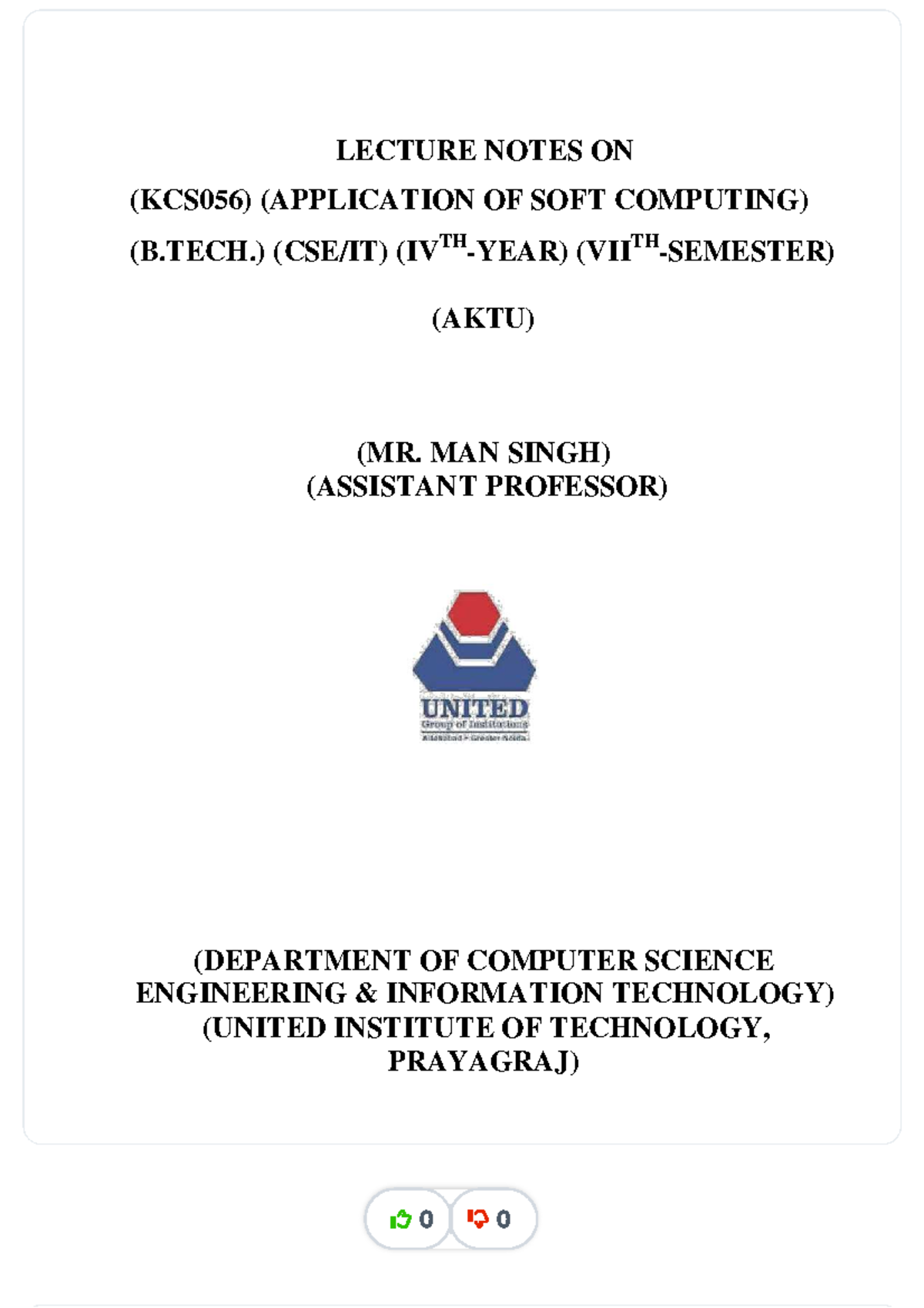 Scunit 1 Application Of Soft Computing Kcs056 Compress Lecture Notes On Kcs056 Application