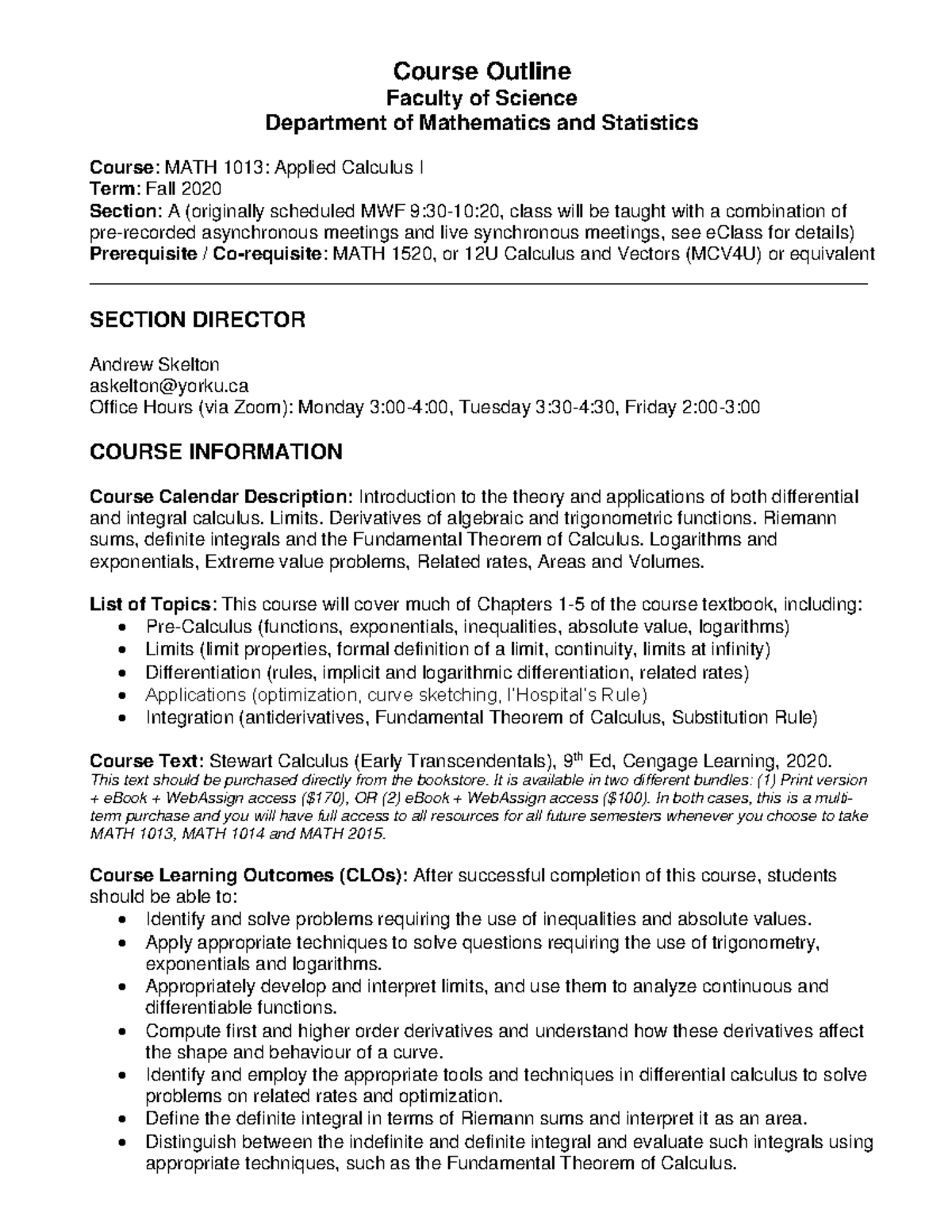 1013 calculus 1 - Course Outline Faculty of Science Department of ...