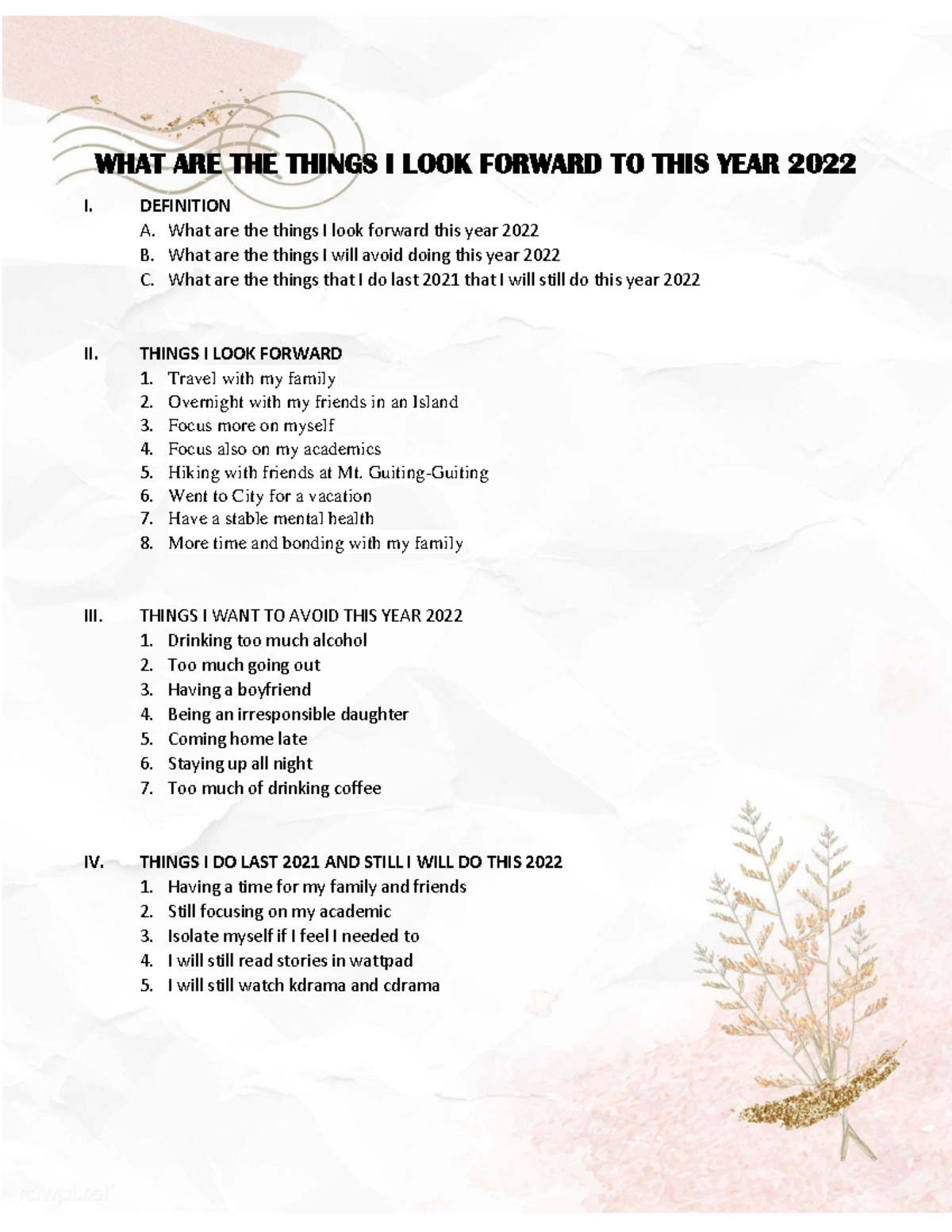 Topic Outline for Students - WHAT ARE THE THINGS I LOOK FORWARD TO THIS ...