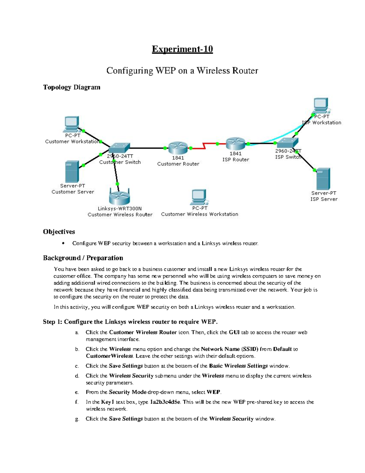 CISCO IOS command - Experiment- Configuring WEP on a Wireless Router Topology Diagram Objectives ...