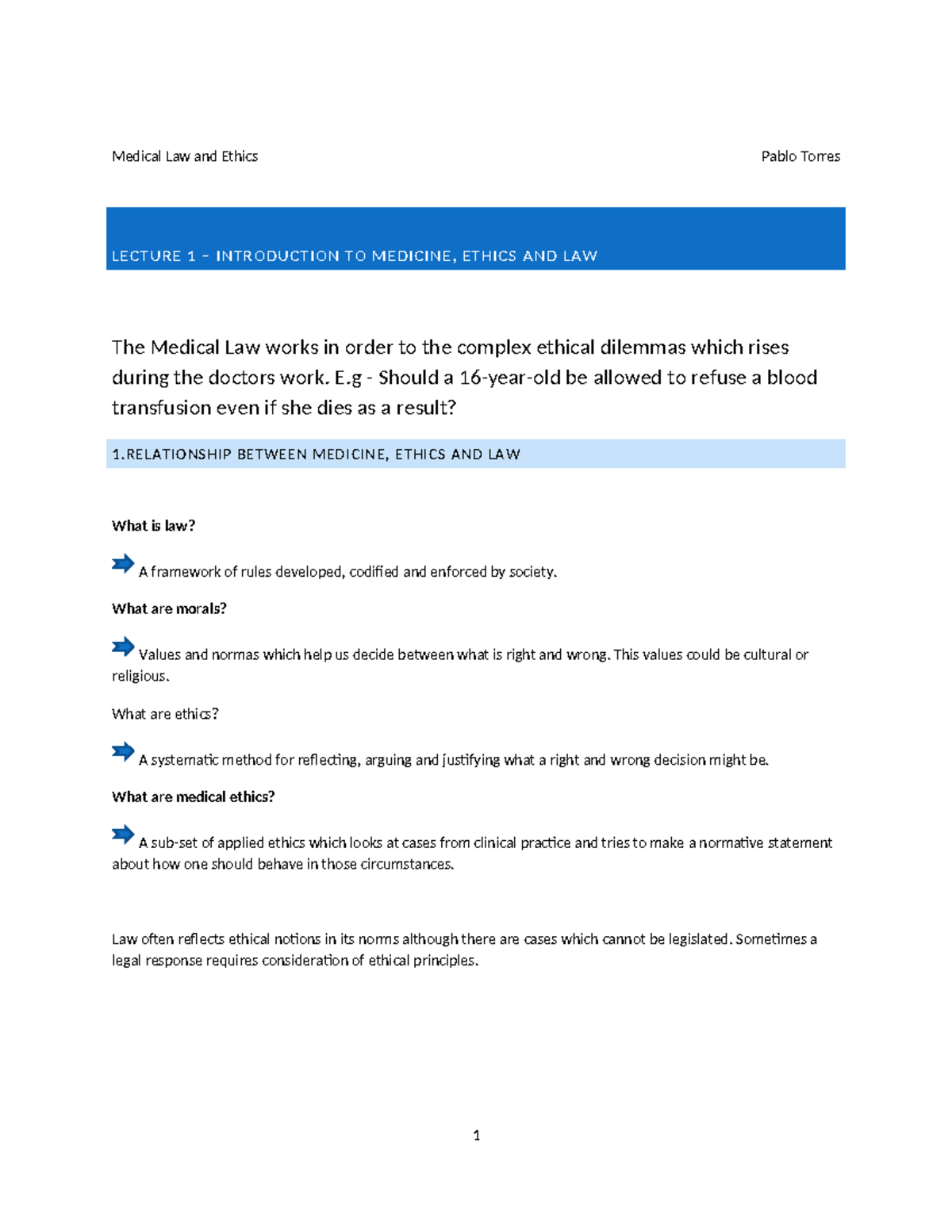 Medical Law and Ethics notes 2 - LECTURE 1 – INTRODUCTION TO MEDICINE ...