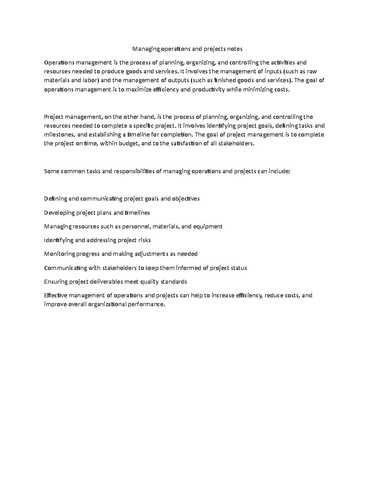 Managing operations and projects notes - Managing operations and ...