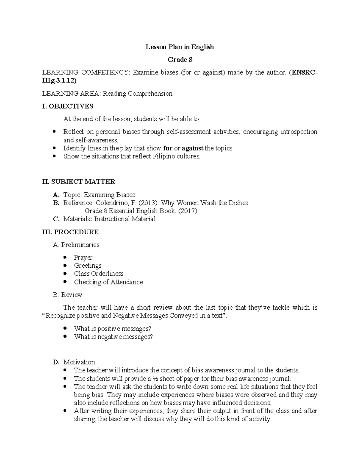 Quarter 3- module 1 lesson plan - Lesson Plan in English Grade 8 ...