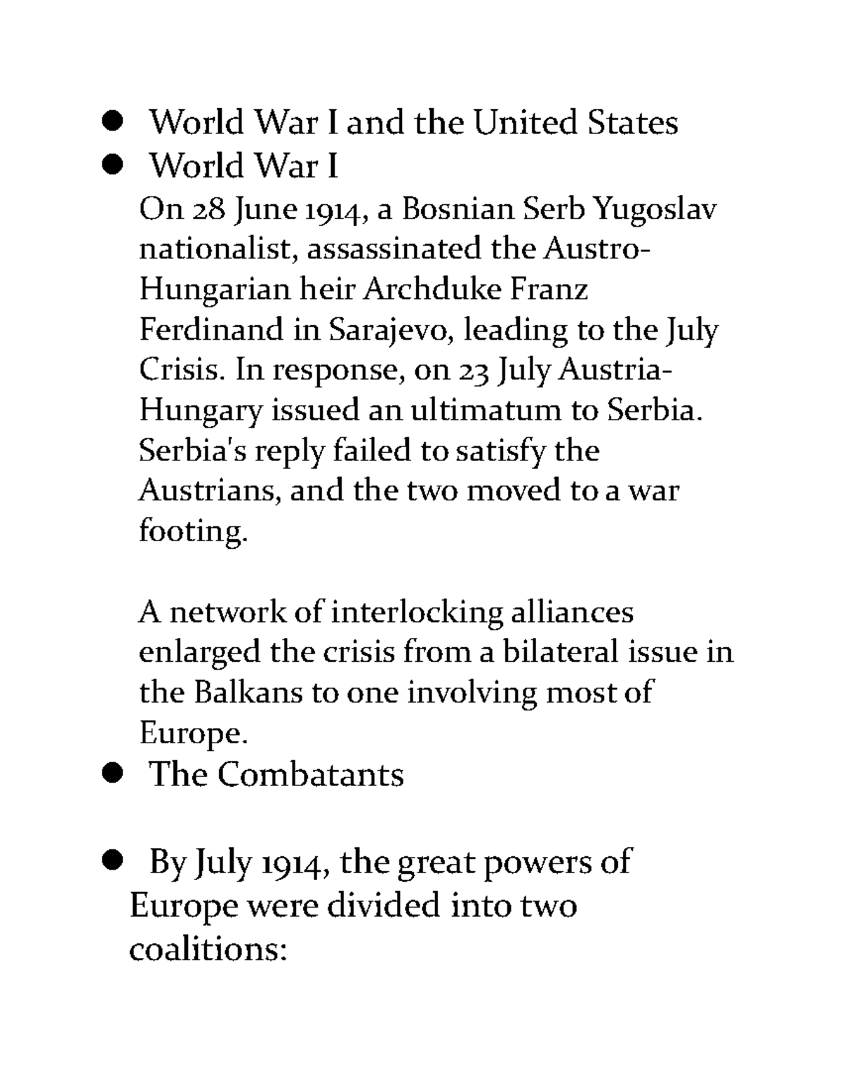 Ww1 outline - World War I and the United States World War I On 28 June ...