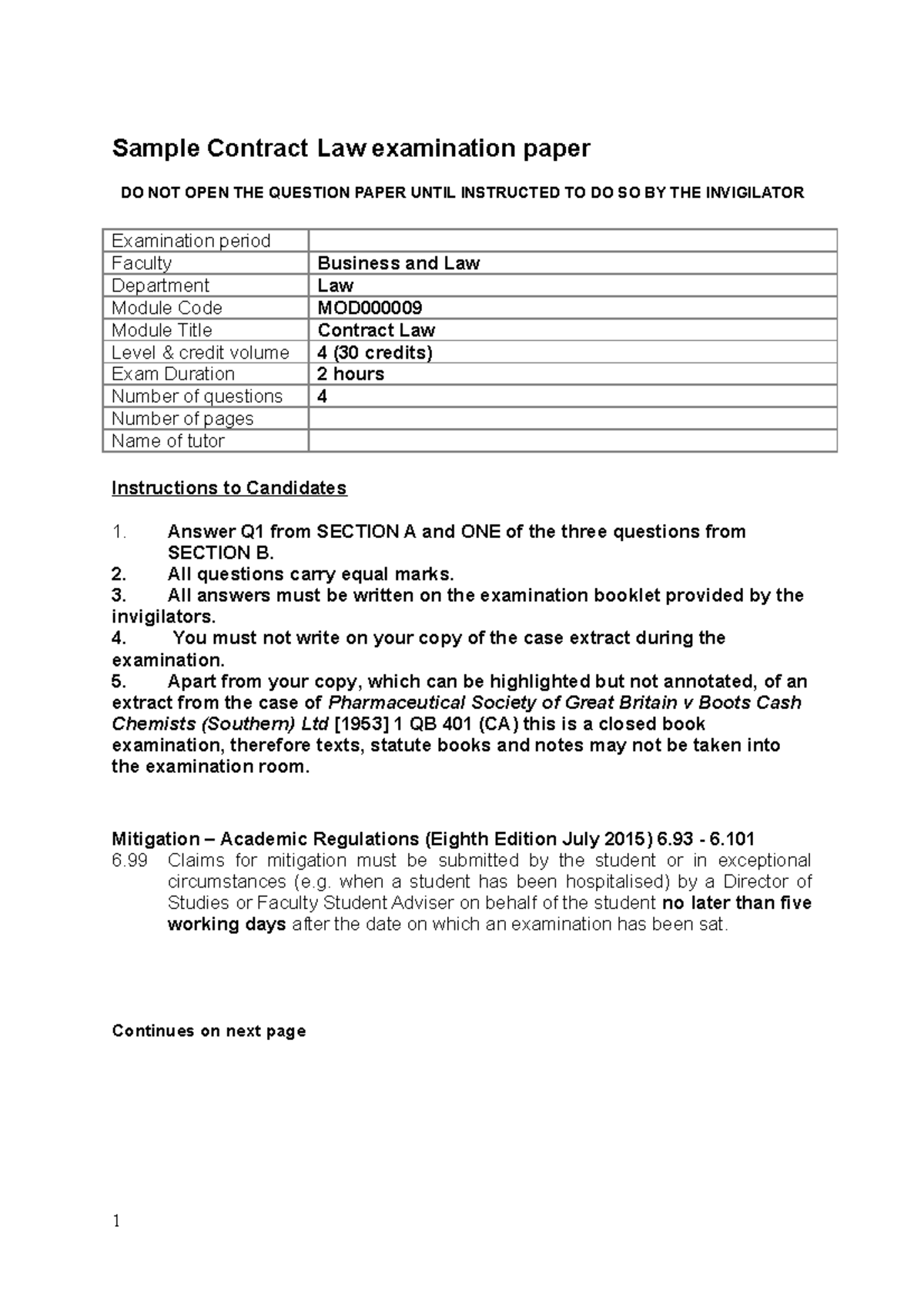 Exam, questions - Sample Contract Law examination paper DO NOT OPEN THE ...