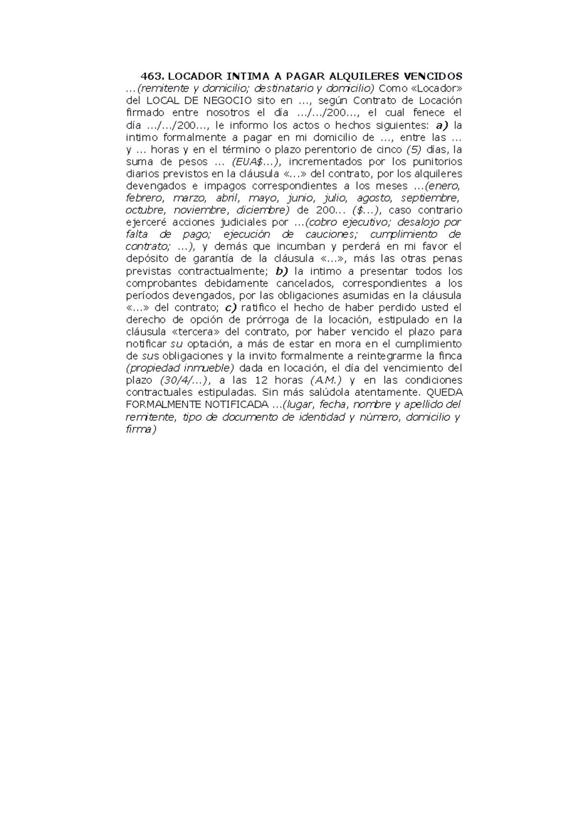 463 - Modelo de demanda - 463. LOCADOR INTIMA A PAGAR ALQUILERES VENCIDOS ...(remitente y ...