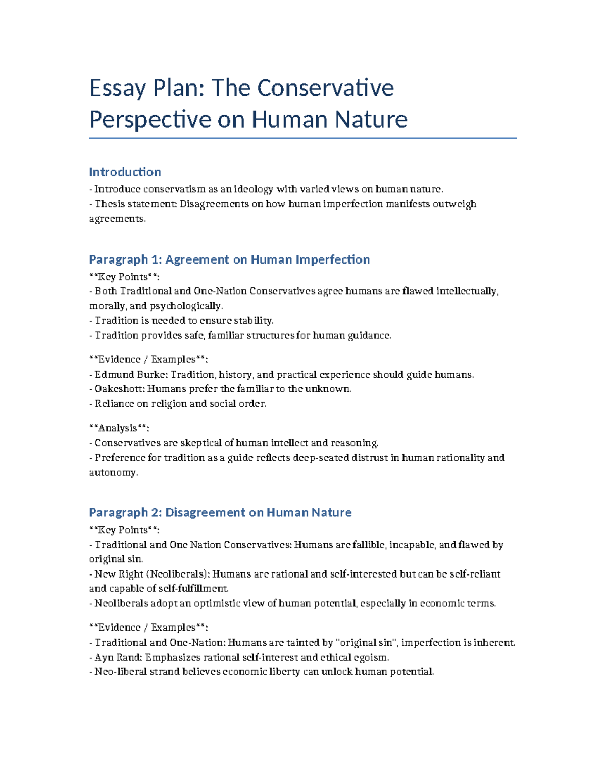 Conservative Perspectives on Human Nature Plan - Essay Plan: The Conservative Perspective on ...
