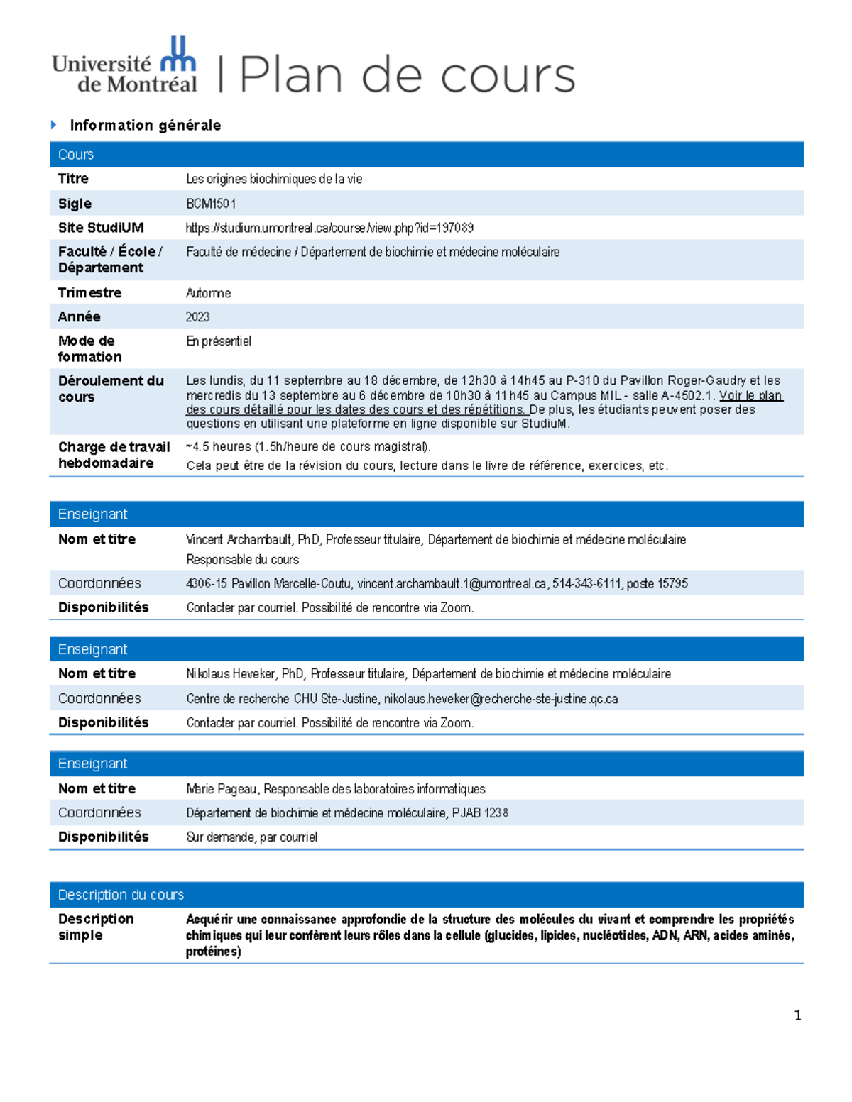 Plan de cours BCM1501 2023 - Information générale Cours Titre Les ...