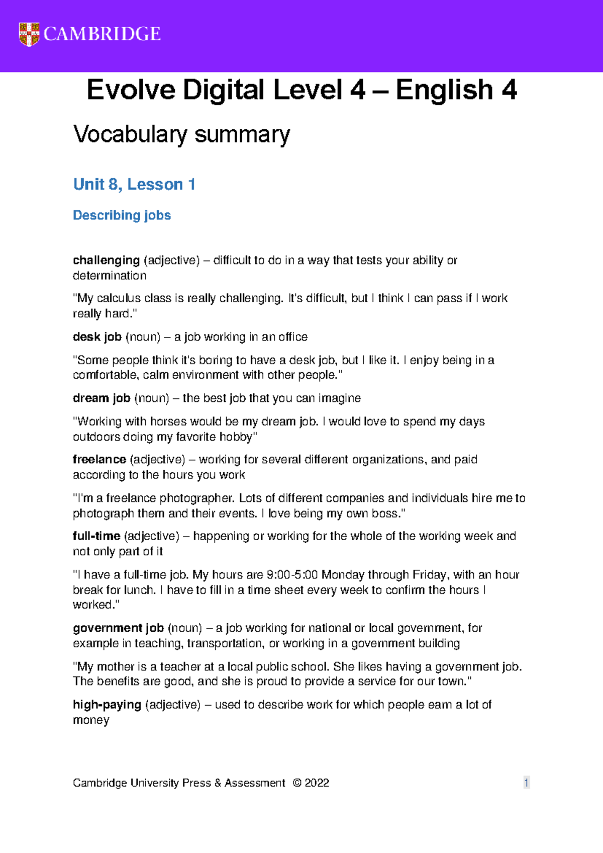 Unit 8 - E4 - Vocabulary - Summary - Evolve Digital Level 4 – English 4 Vocabulary summary Unit ...