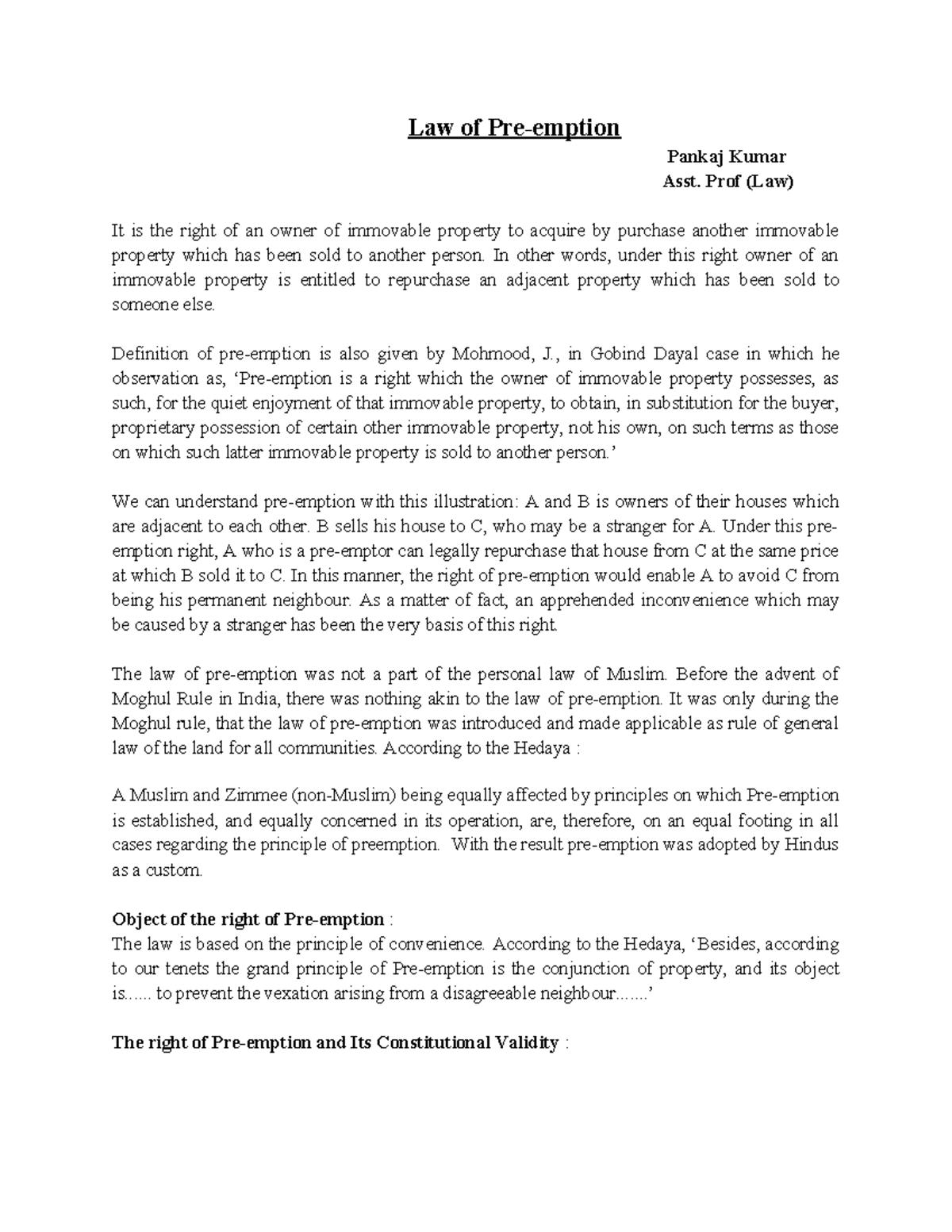 Law of Pre-emption (Muslim Law) - Law of Pre-emption Pankaj Kumar Asst ...