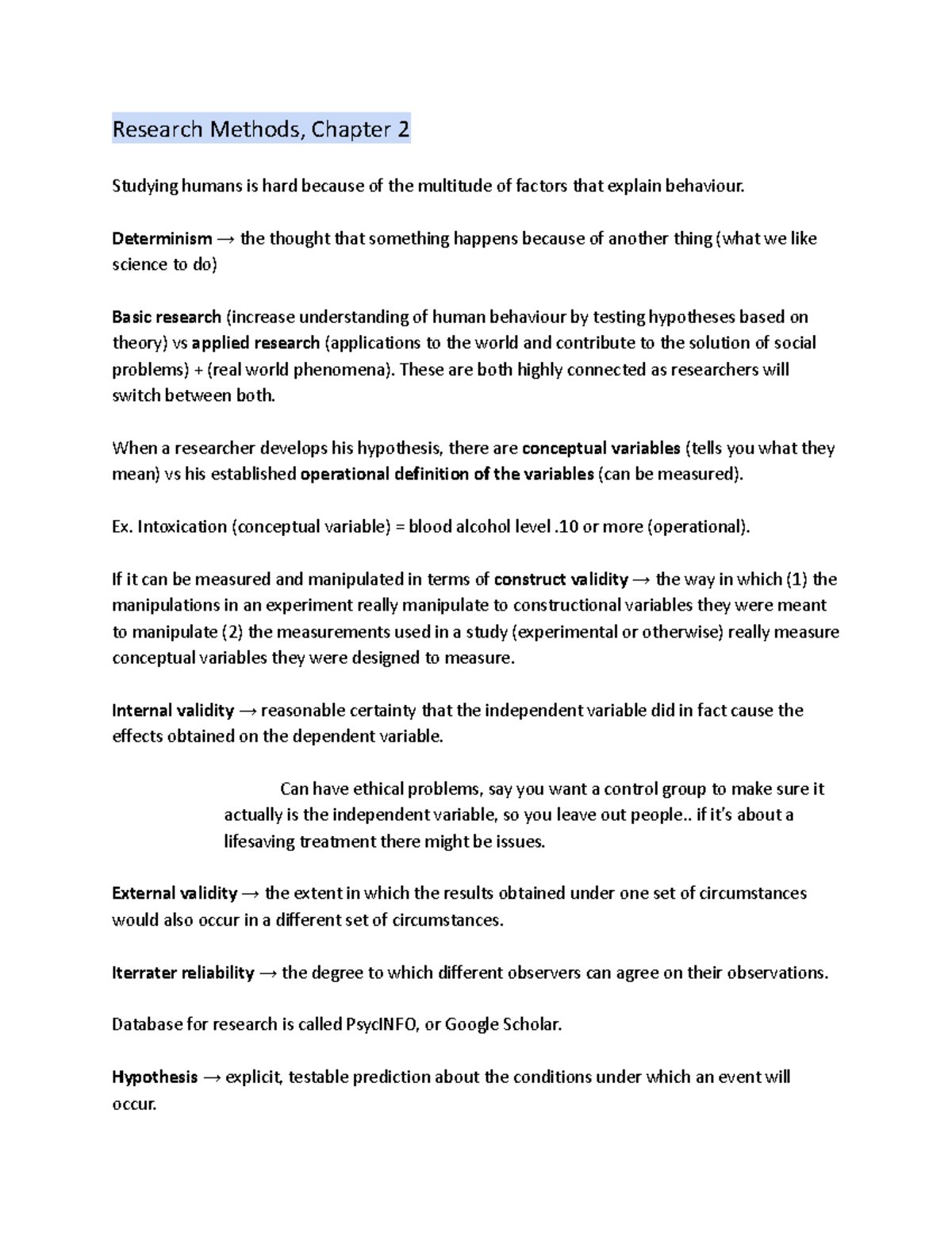 CHAP 2/3 - reading / lecture notes - Research Methods, Chapter 2 ...