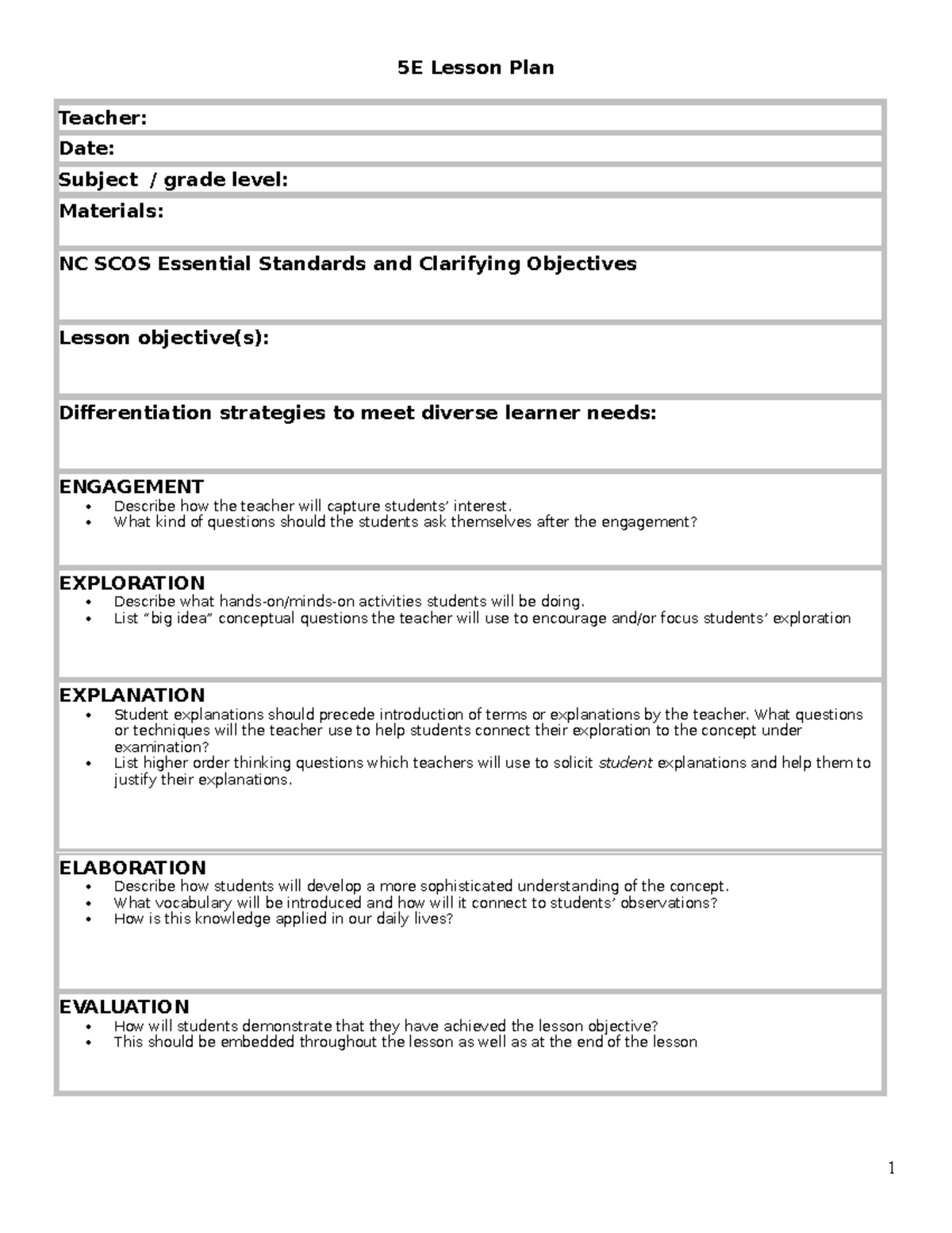 Lesson Plan 5EXtemplate - 5E Lesson Plan Teacher: Date: Subject / grade ...