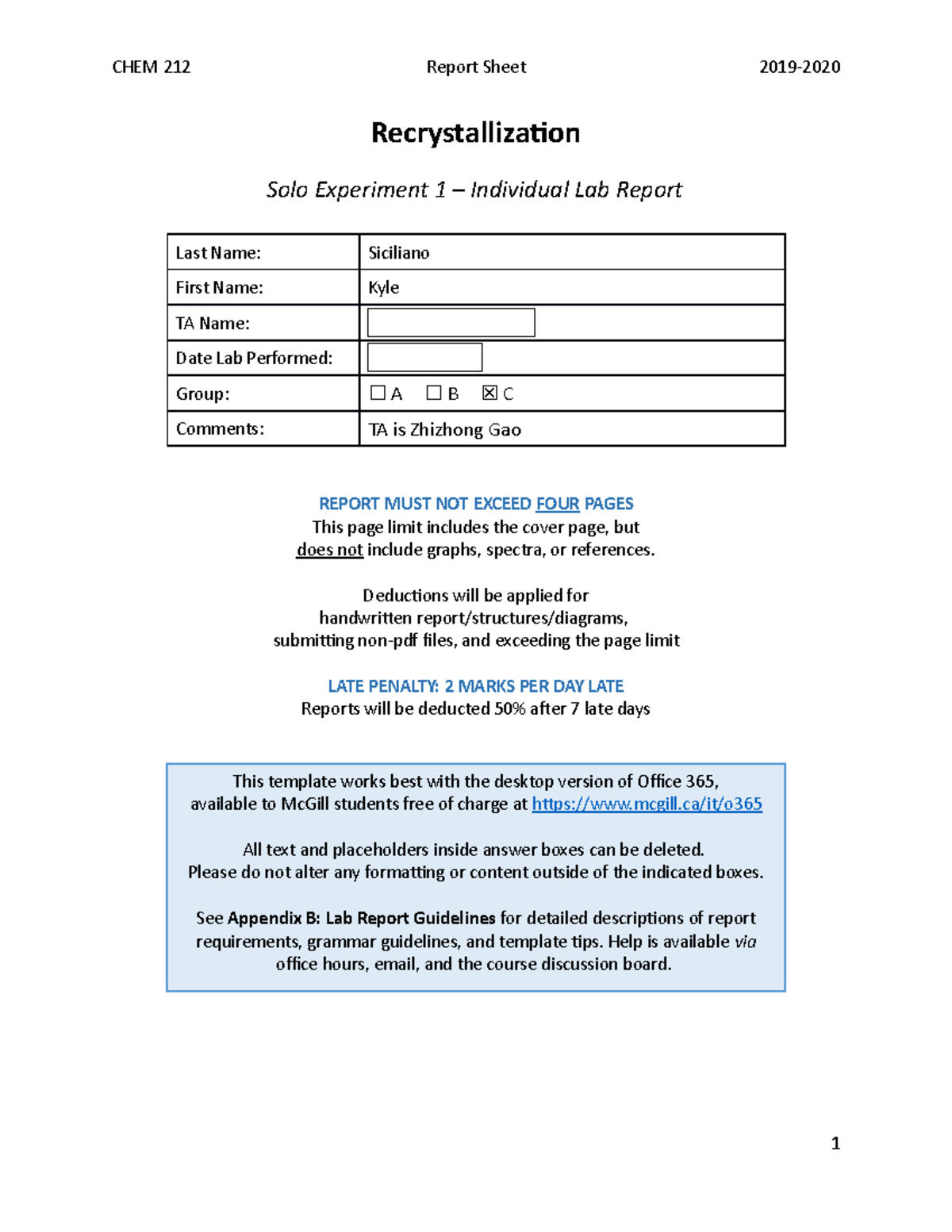 212 report sheet recrystallization - Recrystallizaion Solo Experiment 1 ...